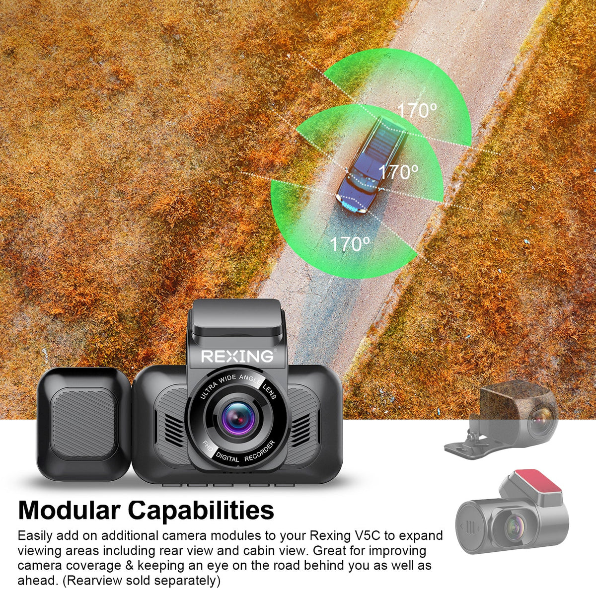 REXING V5C Plus Dash Cam Front 4K & 1080p Cabin Camera w/ Modular Capa ...