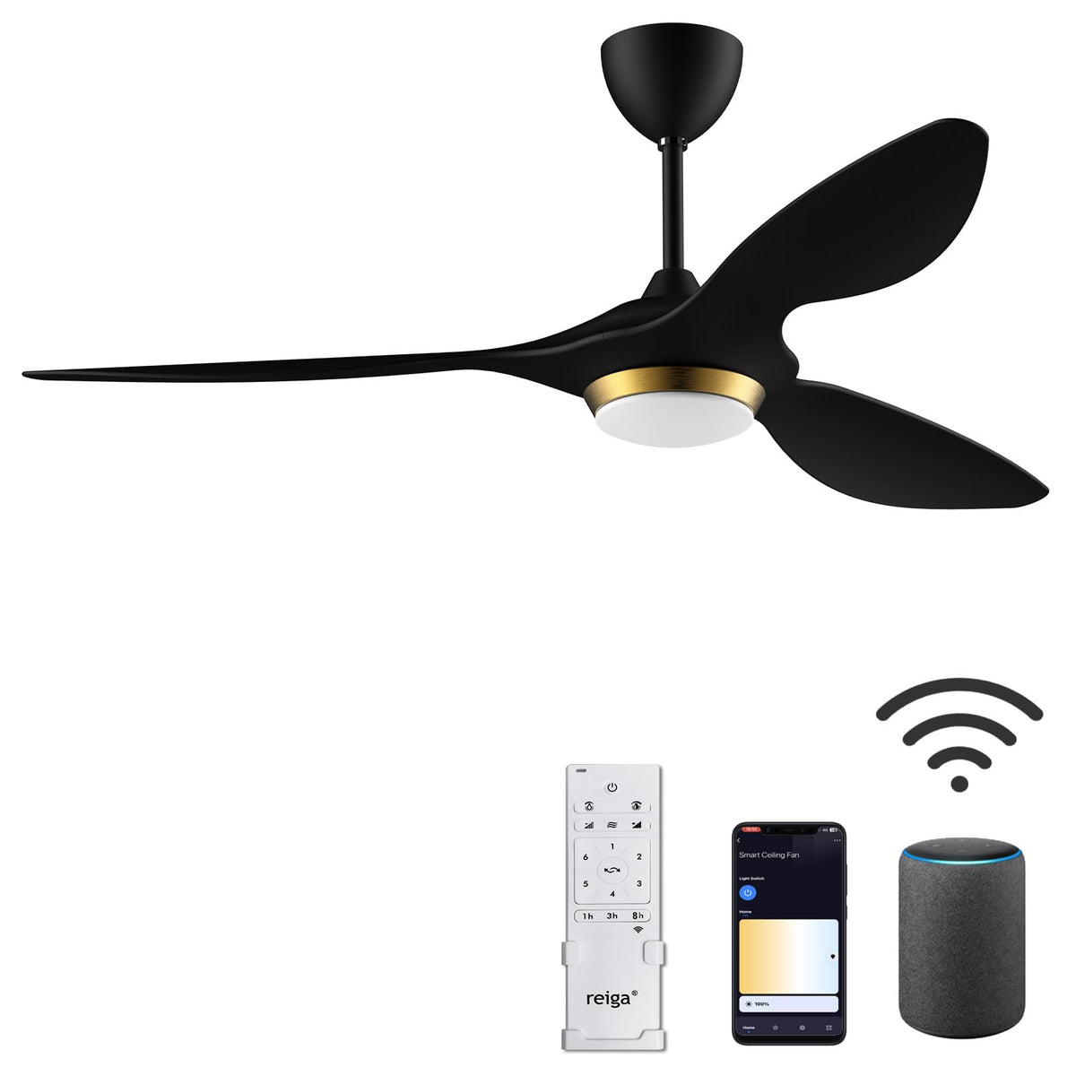 Reiga 52 Inch Black Modern Ceiling Fans With Lights And Remote Control ...