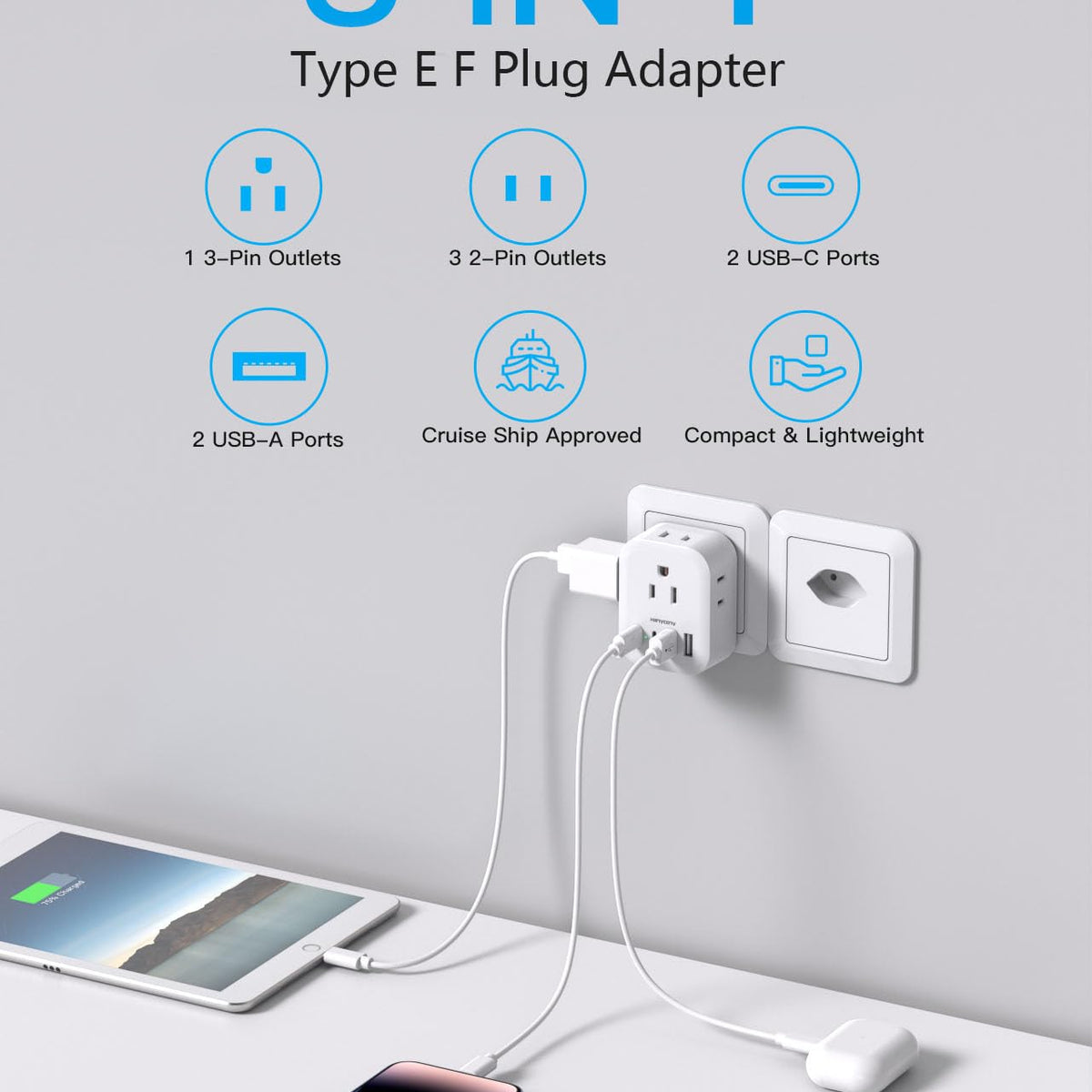 Type E F Plug Adapter, Germany France Travel Plug Adapter With 4 ...