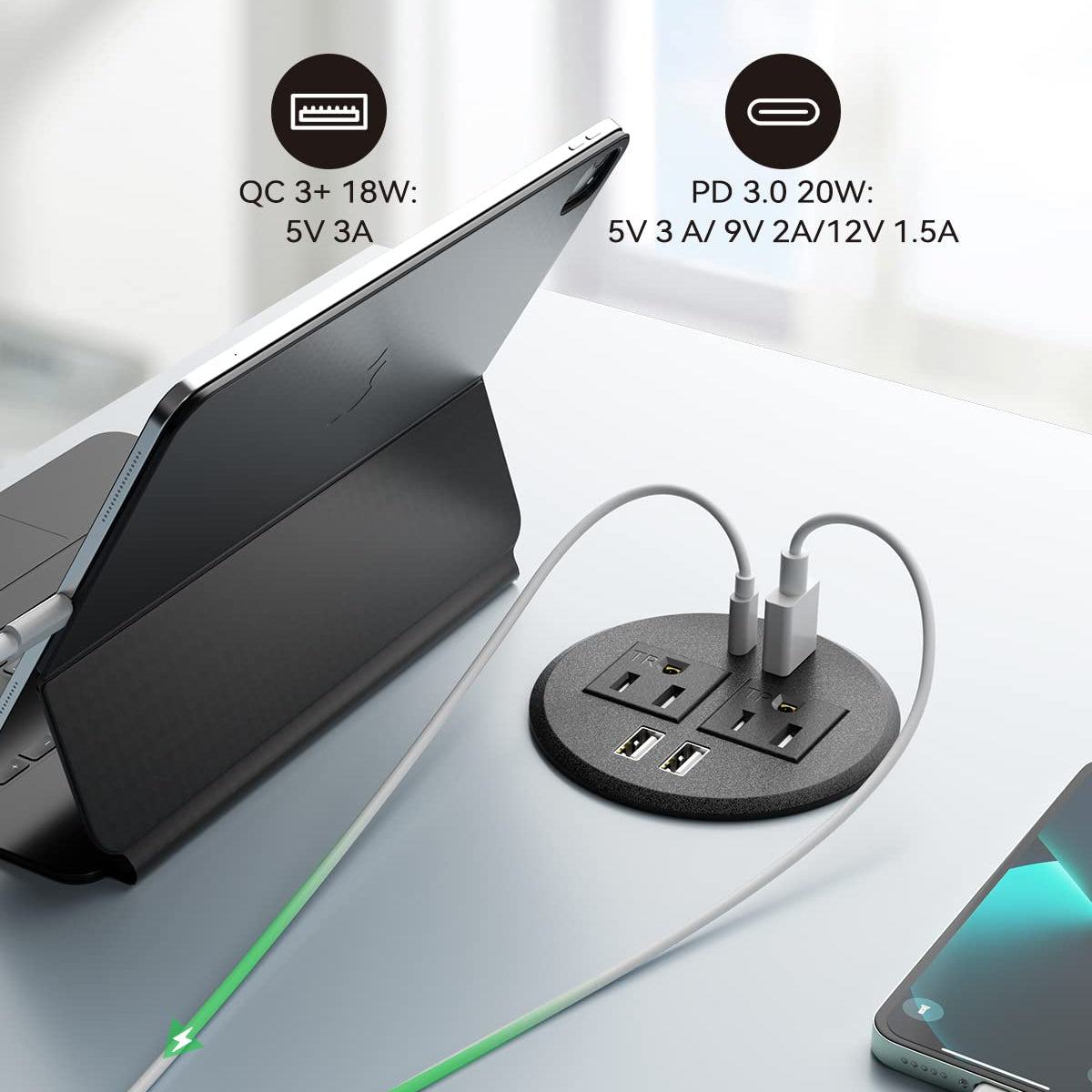 Recessed Power Grommet With 20W Fast Charging Usb C Port, 2Ac Outlets ...