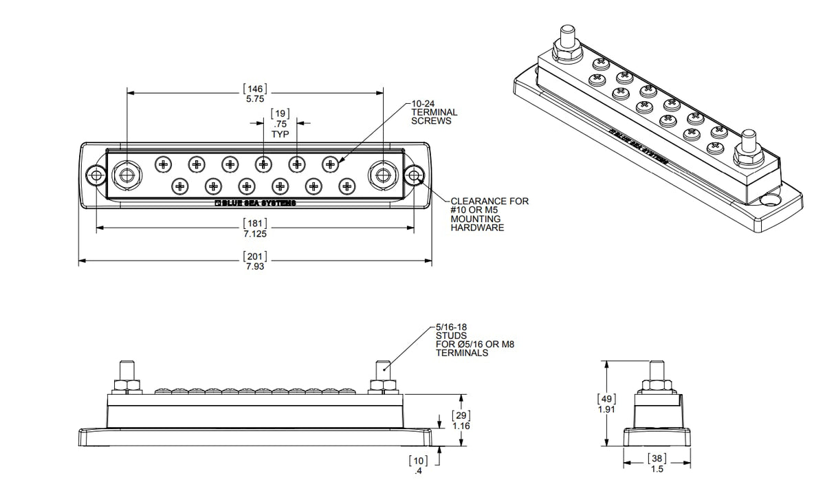 Blue Sea Systems 250 Amp Maxibus Busbar With 12 Screws, 2105 – Electroeshop