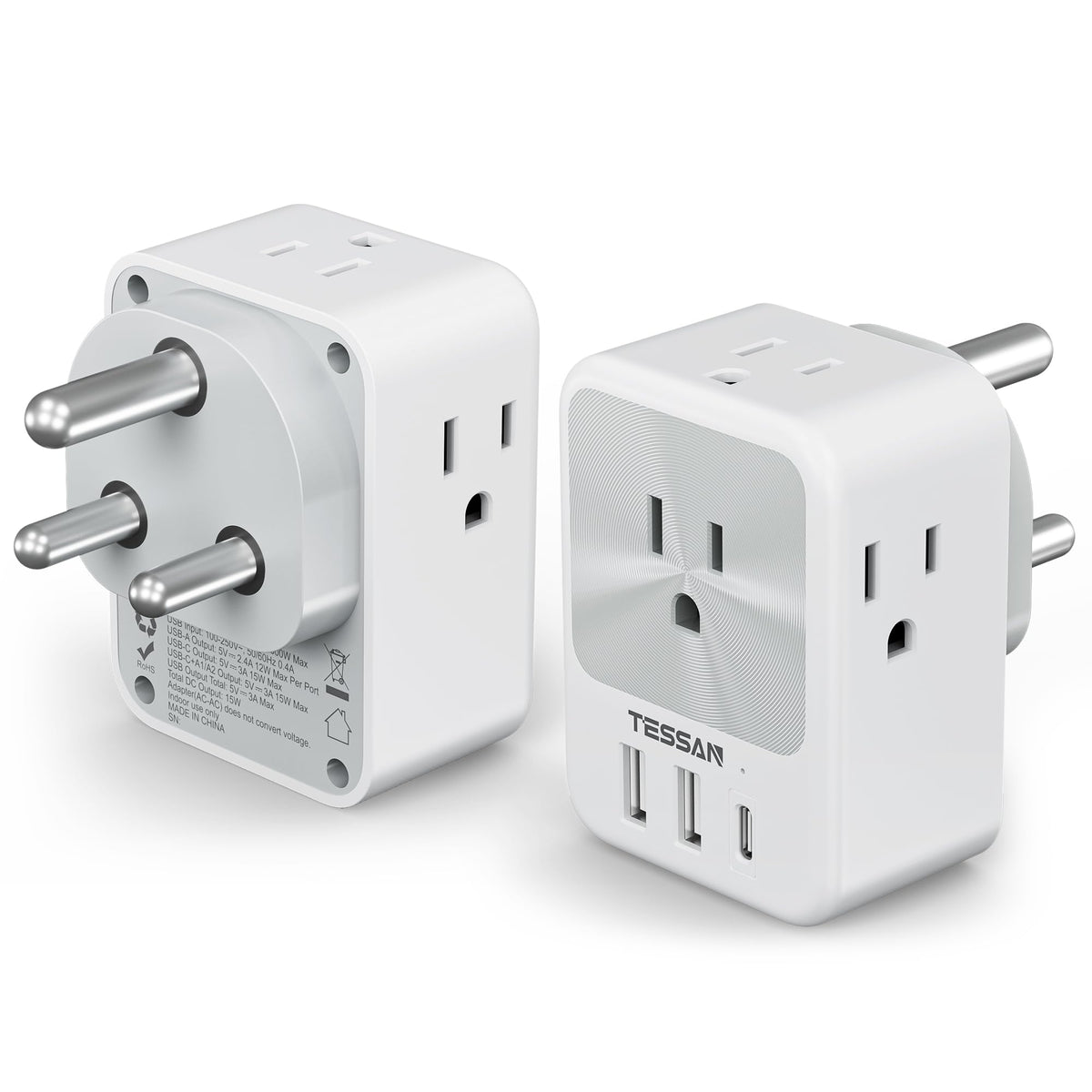 Us To India Plug Adapter 2 Pack, Tessan Type D Travel Adapter With 4 Ac ...