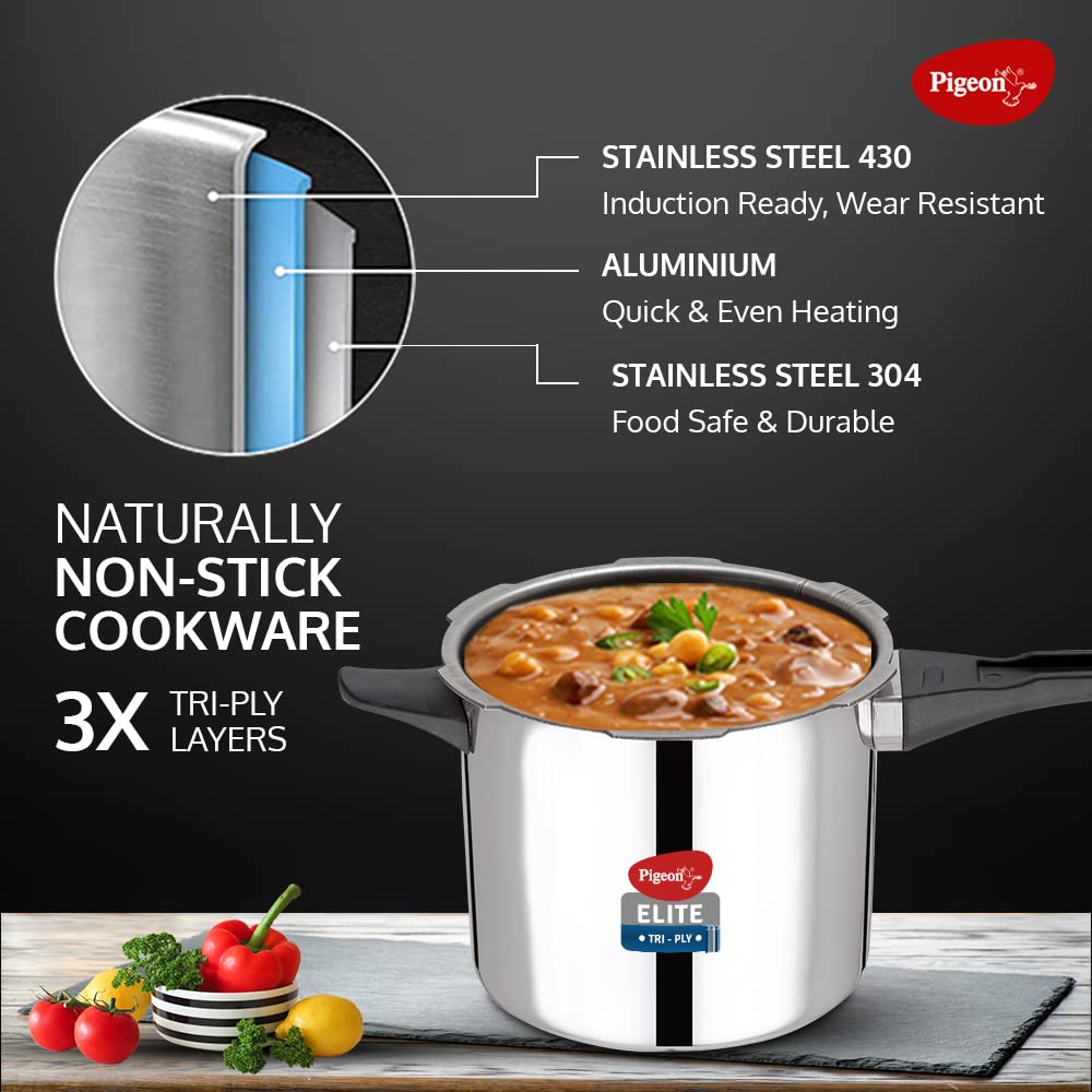 Pigeon Elite Tri Ply Stainless Steel Body Outer Lid Pressure Cooker In ...