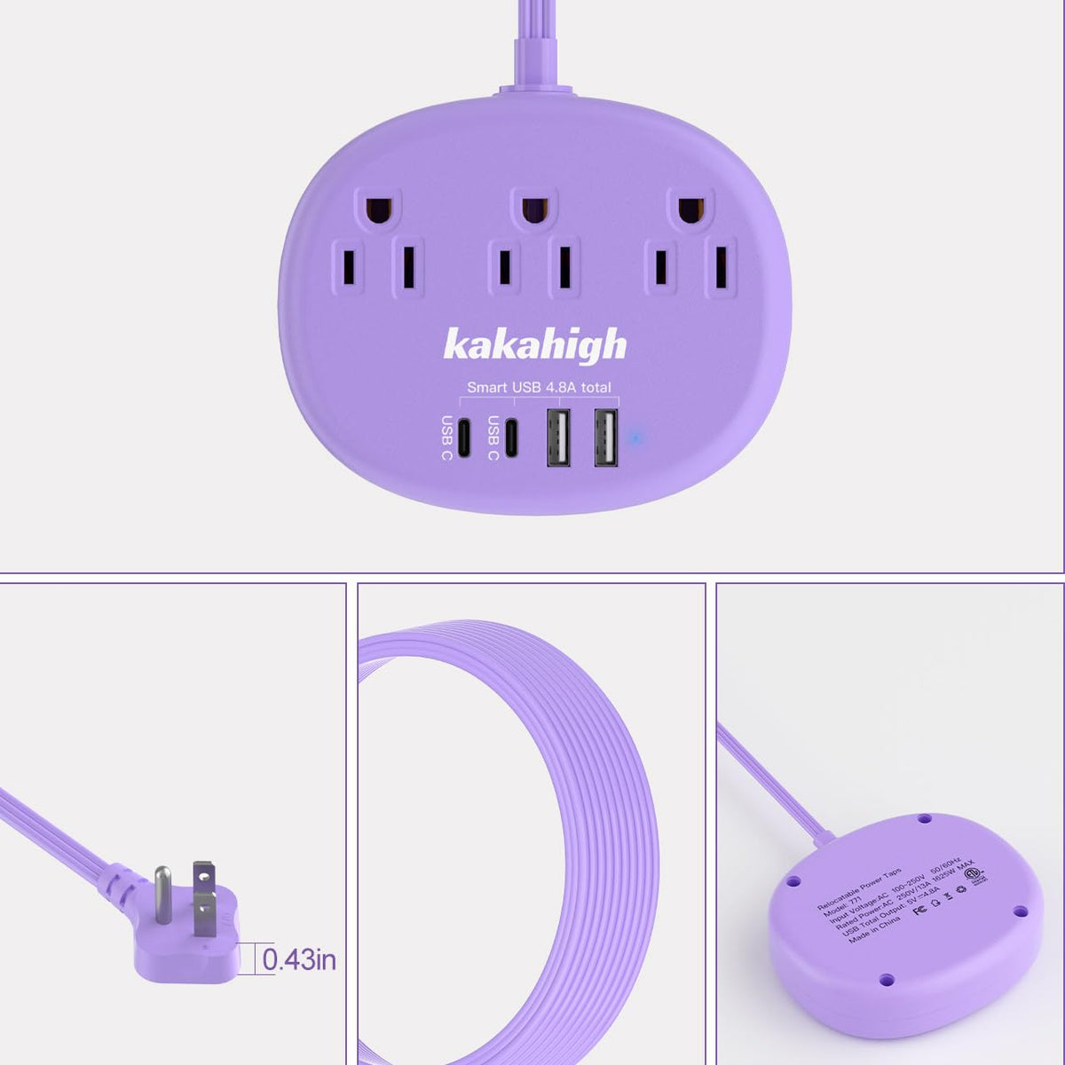 Purple Extension Cord With Surge Protected 1080J 5 Ft Flat Extension C ...