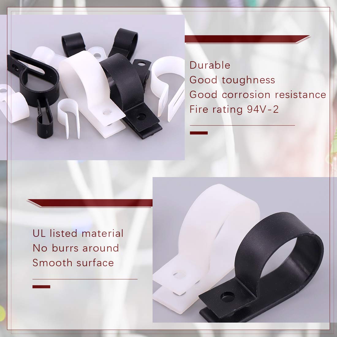 Hilitchi 132 Pcs 6 Sizes Black And White Plastic Cable Clamp R Type Sc ...