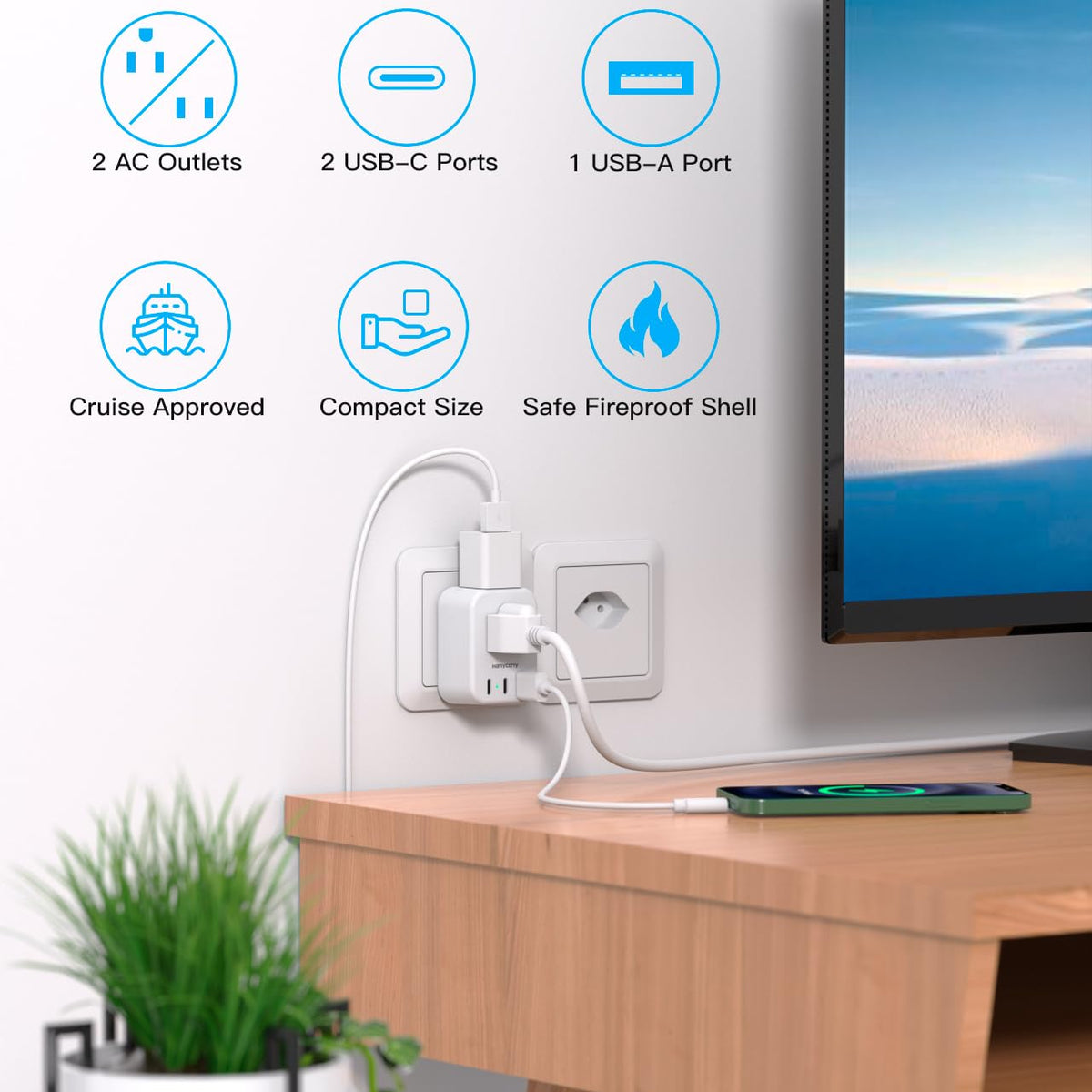 HANYCONY Type J Travel Plug Adapter - 2 Outlets & 2 USB C Ports, White ...