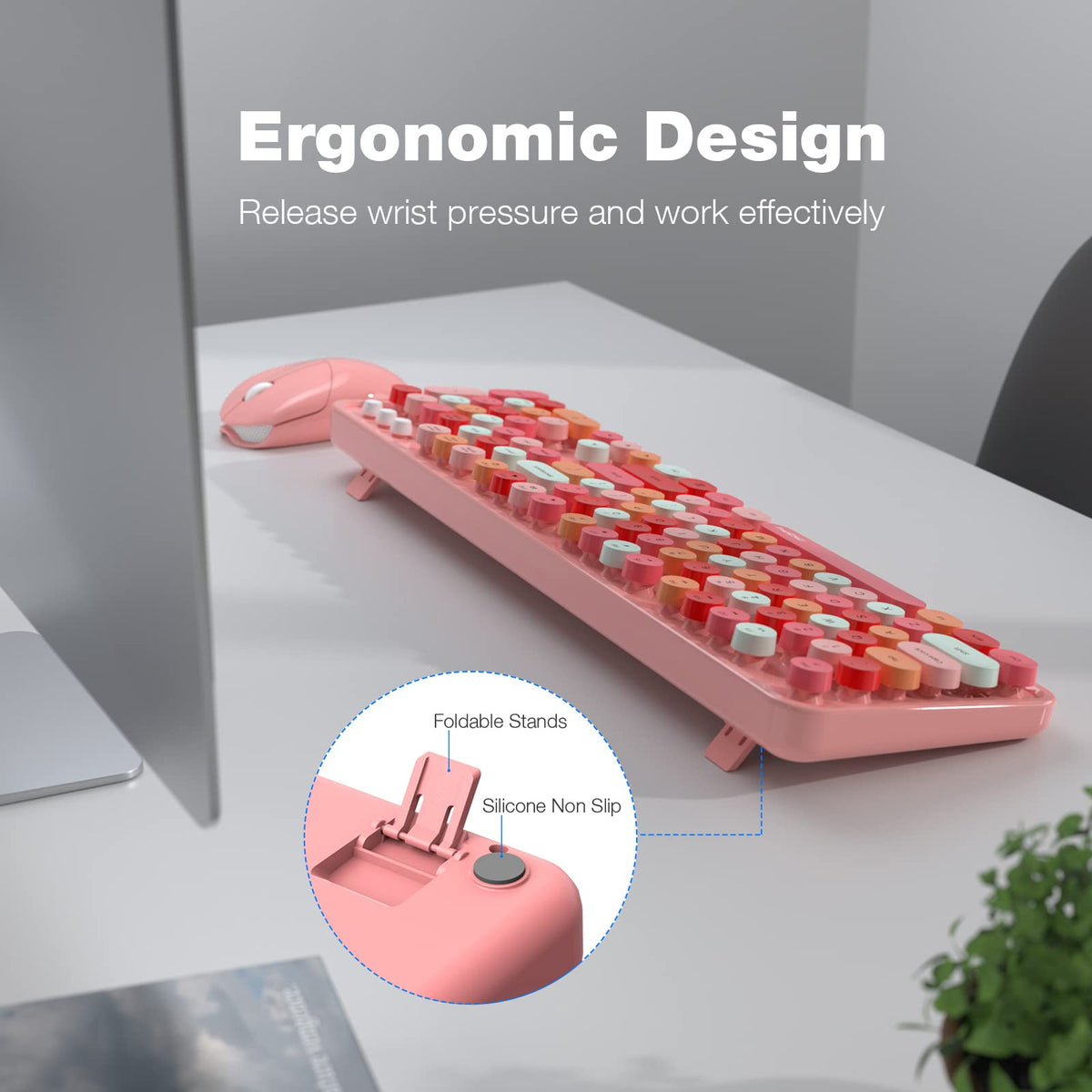 Mofii Wireless Keyboard And Mouse, Pink Colorful Round Key Retro Typew ...