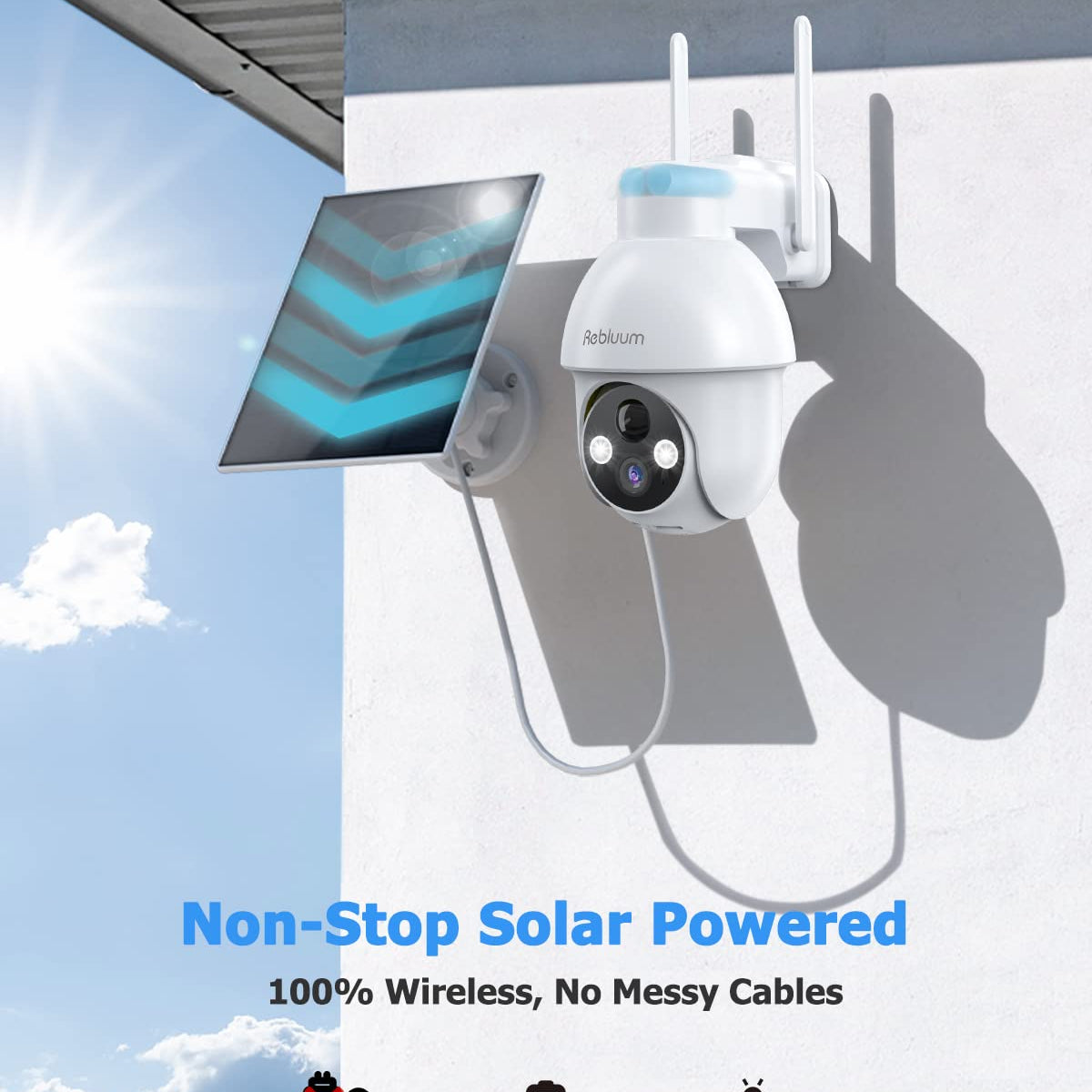 Rebluum Wireless Outdoor Security Camera, 2K, Solar-Powered, 360° PTZ ...