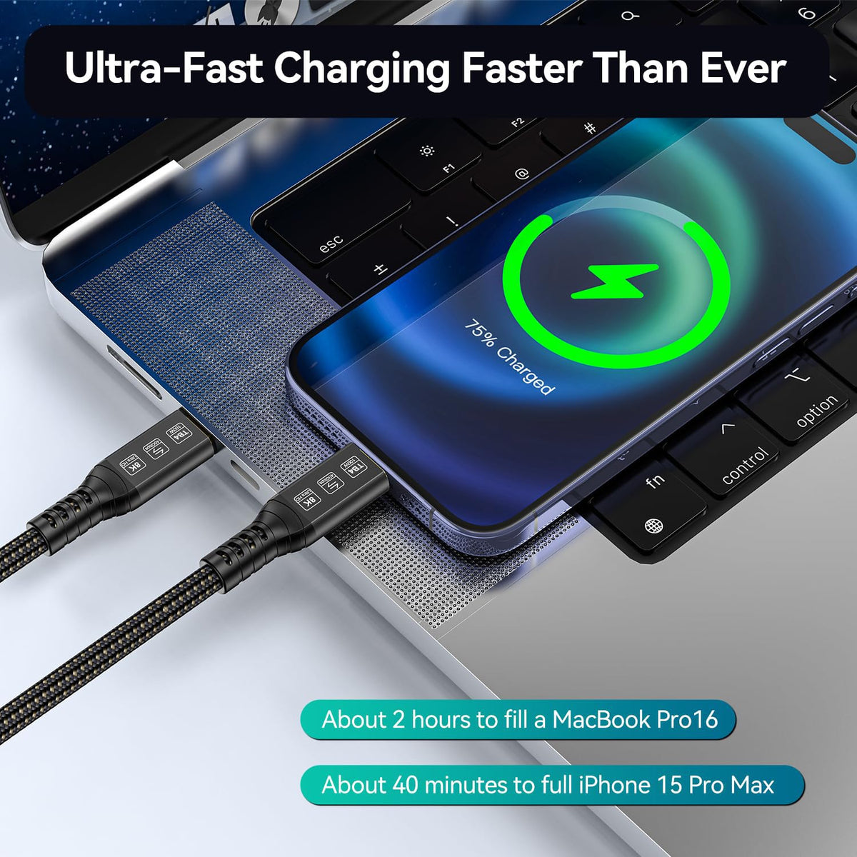 Connbull Thunderbolt 4 Cable Long 10Ft 40Gbps High Speed Usb C Cable S ...
