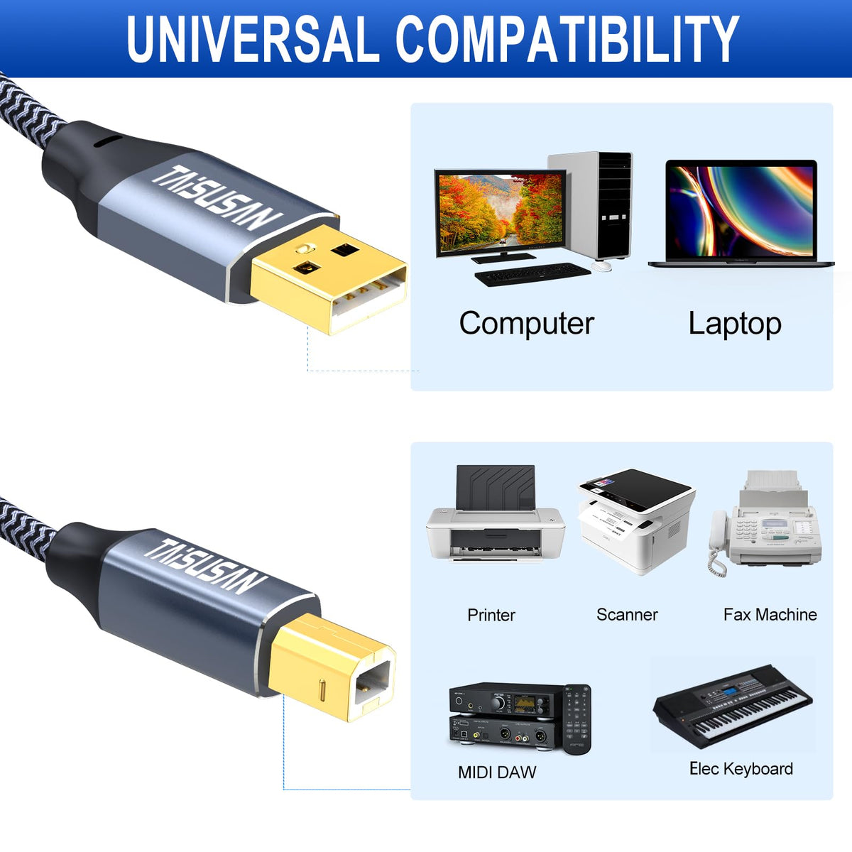 Taisusan Usb Printer Cable 30Ft, Type A To Type B Printer Cable, High ...