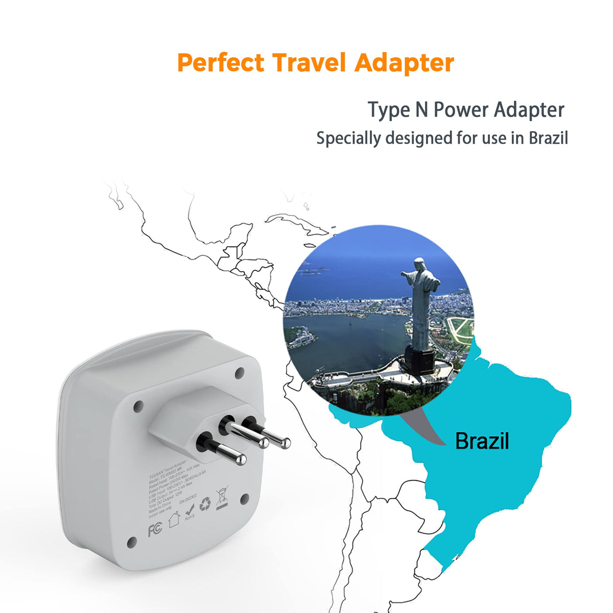 Tessan Brazil Power Adapter, Us To Brazil Plug Adaptor With 2 American ...
