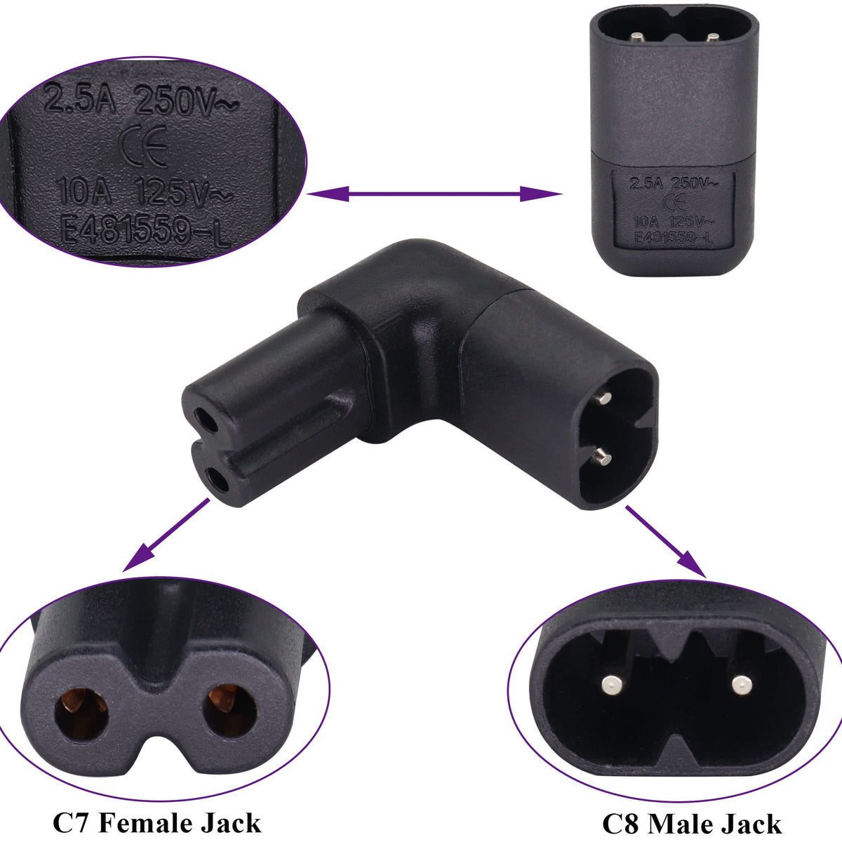 Aaotokk(2 Pack Right Angle Iec320 C8 To C7 Ac Adapter 2.5A 250V Up&Down ...