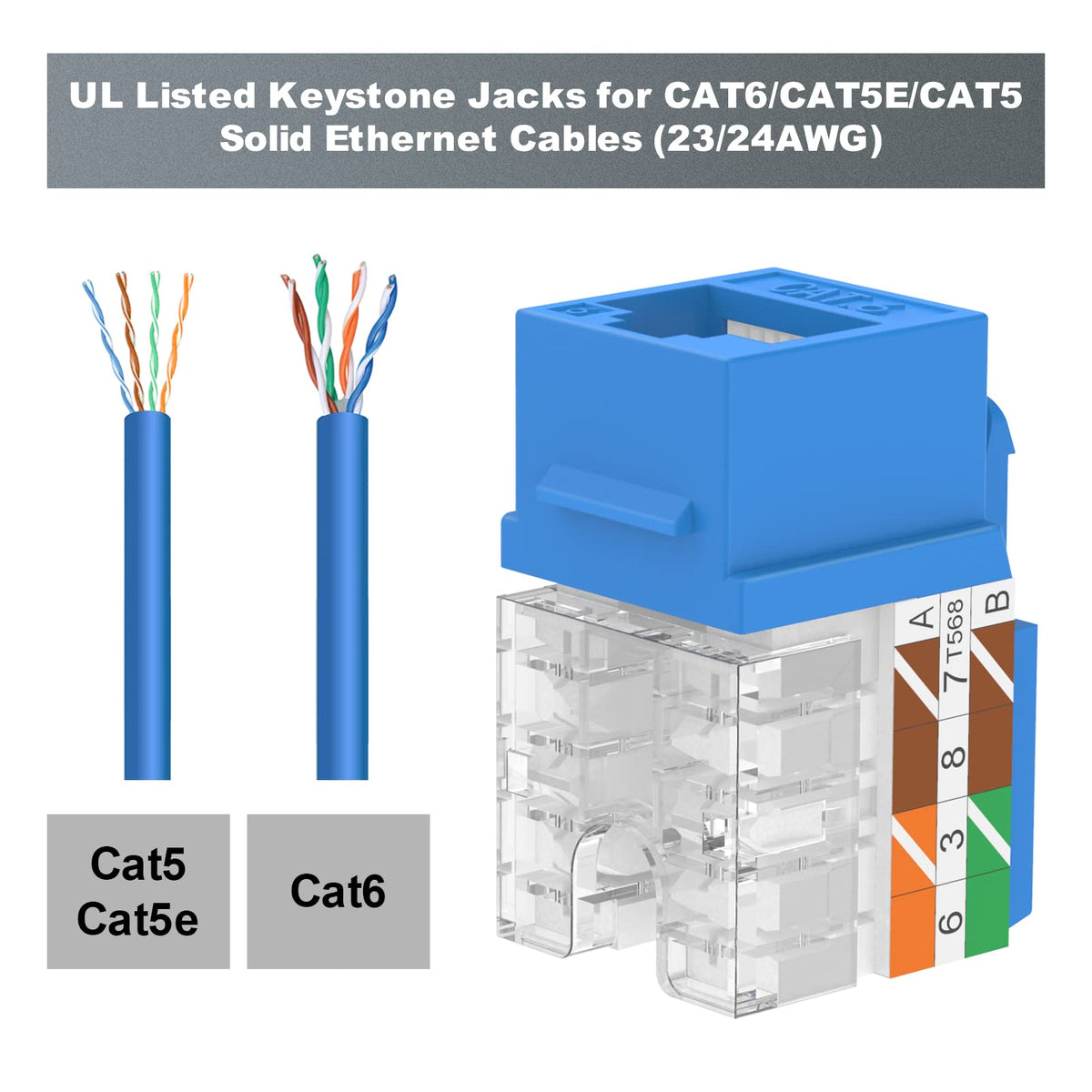 VCE RJ45 Cat6 Keystone Jacks Slim Profile UL-Listed 25-Pack, 90-Degree ...