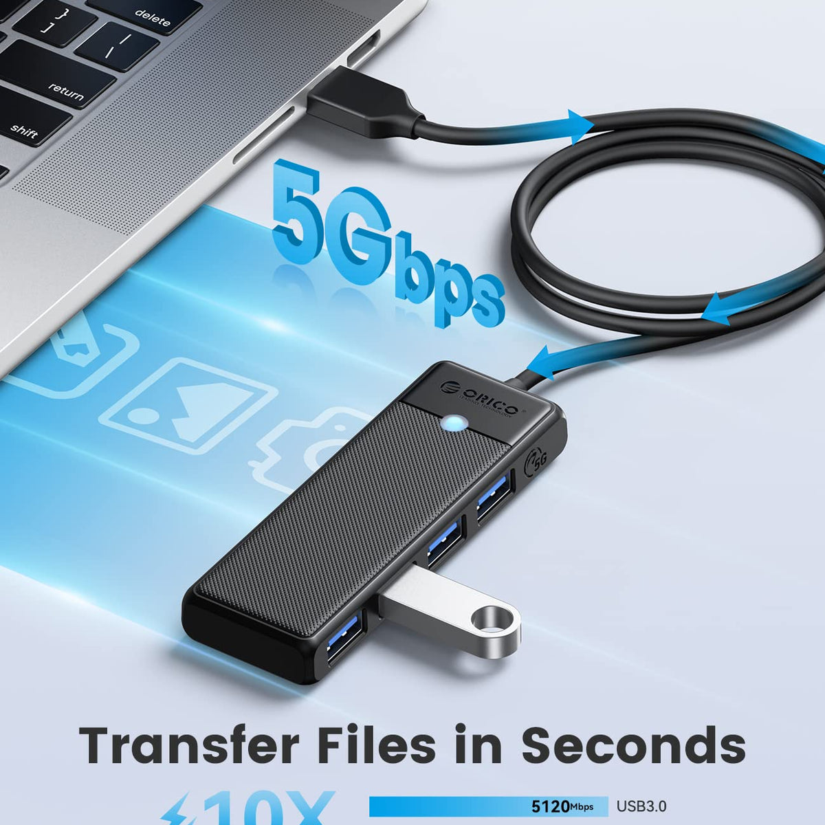 ORICO USB 3.0 Hub, 4 Port USB Hub with Long Cable, Ultra Slim USB Spli ...