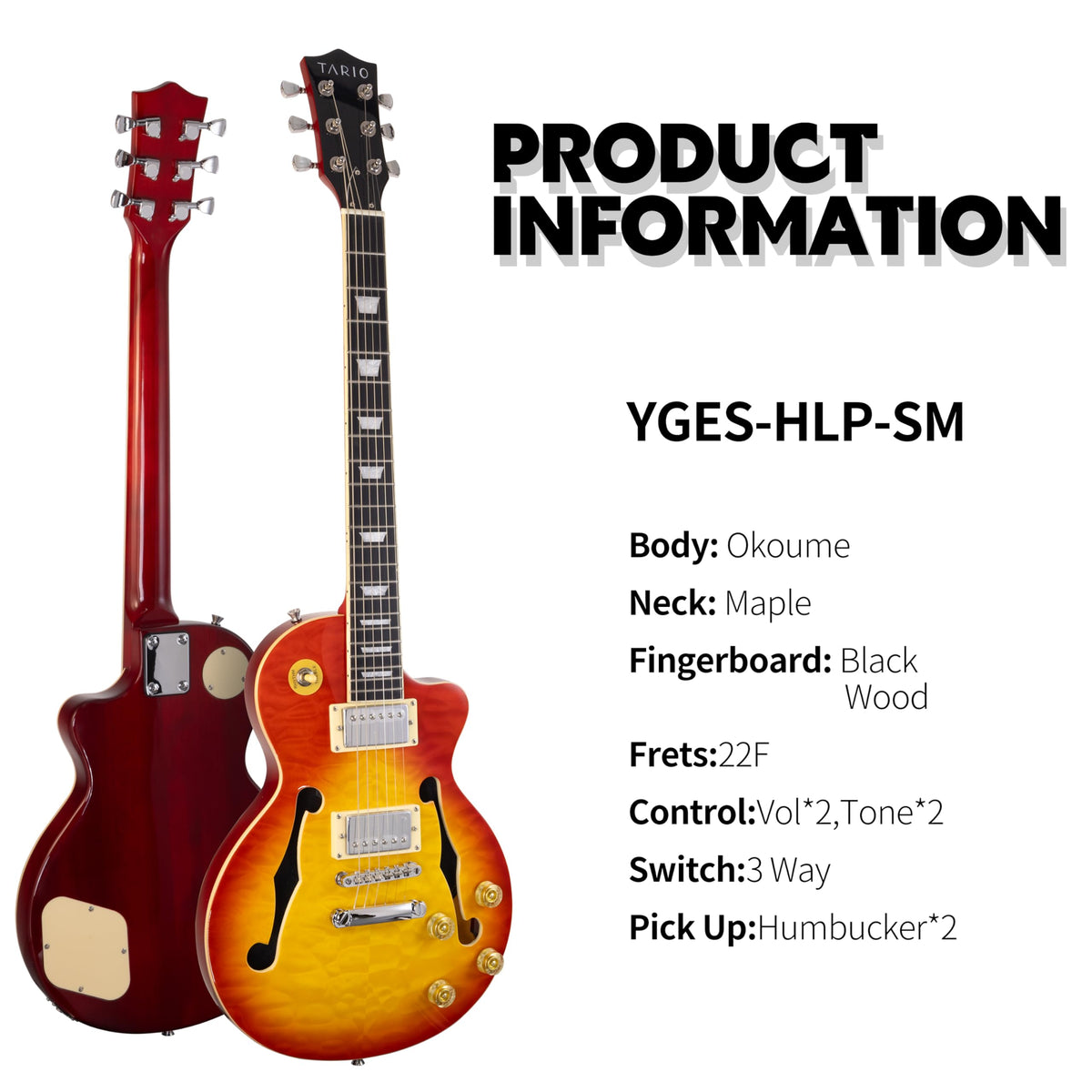 TARIO Electric Guitar Semi Hollowbody, Cherryburst, Quilted Maple Top ...