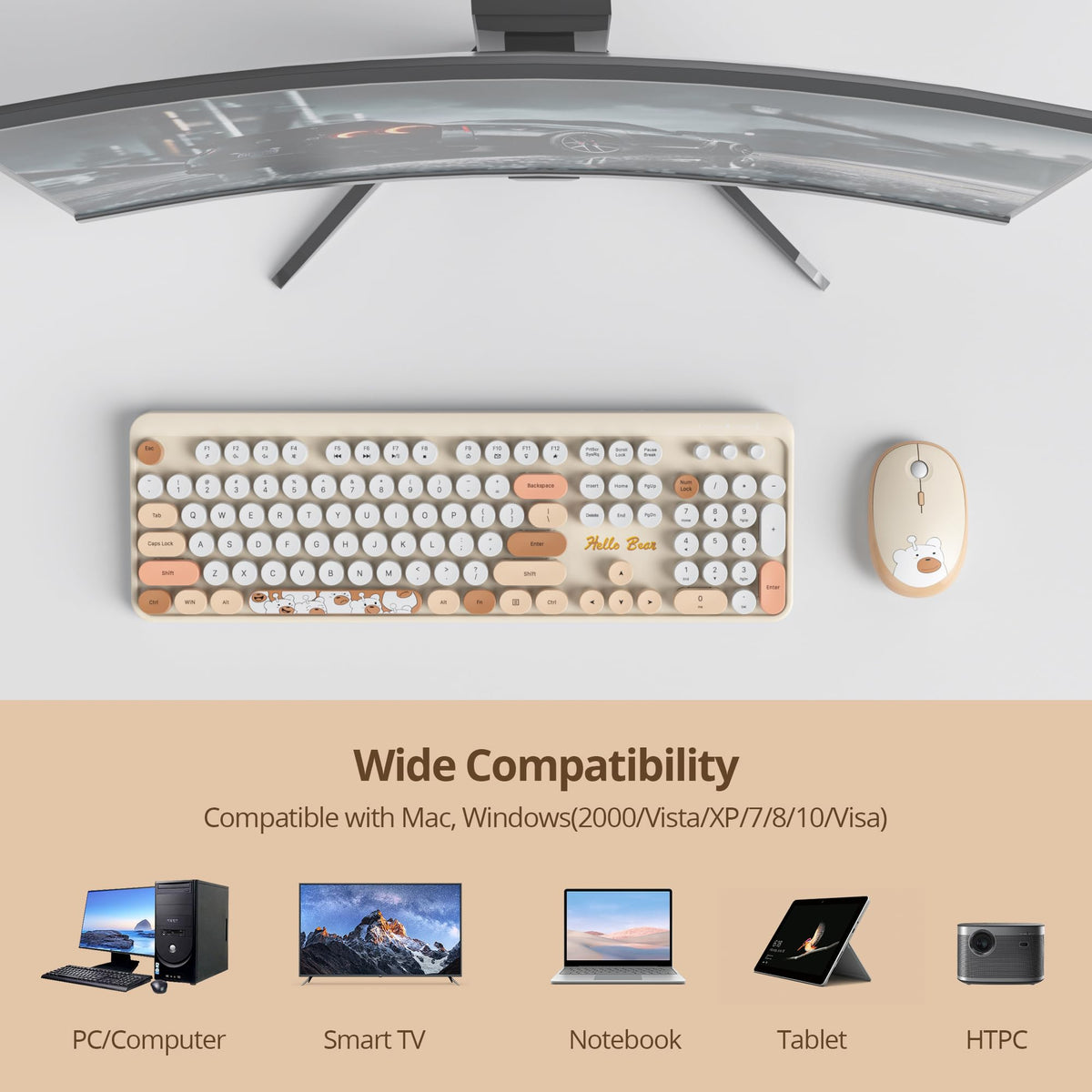Gtsp Creamy Wireless Keyboard And Mouse, Typewriter Office Full Sized ...