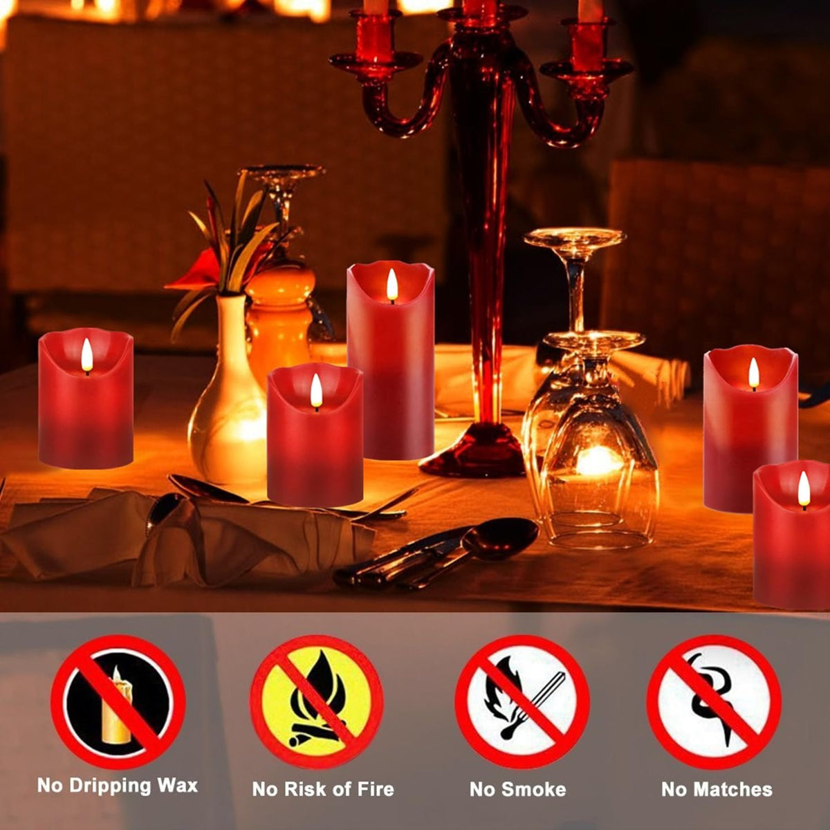 Gbateri 3 Pcs Red Flickering Flameless Candles Dripless Real Wax Pillar ...