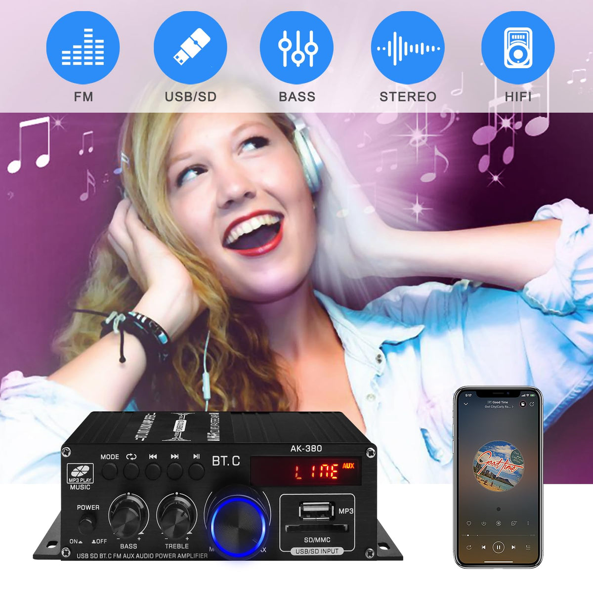 Bluetooth 5.0 Audio Power Amplifier Ak 380 400W+400W 2.0 Ch Hifi Stere ...