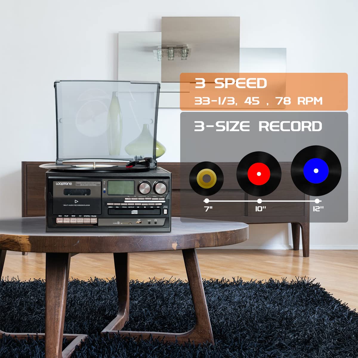 LoopTone 9-in-1 Vinyl Record Player, Bluetooth, AM/FM Radio, USB Recor ...