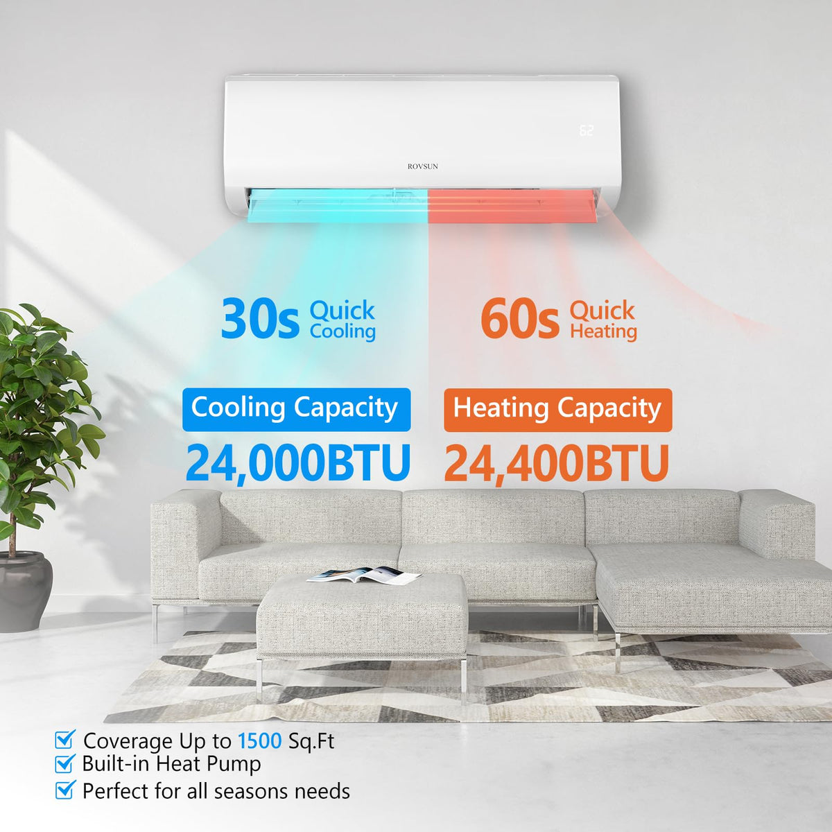 Rovsun 24000 Btu Wifi Enabled Mini Split Air Conditioner & Heater, 19 ...