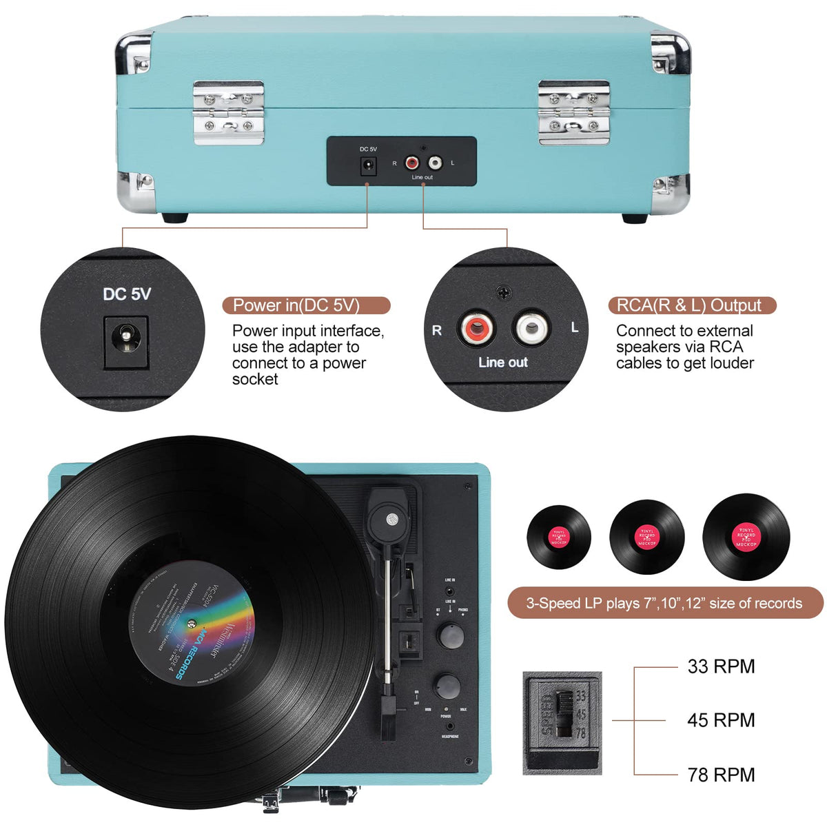 Vinyl Record Player Wireless Turntable Bluetooth 3 Speed Portable Vint ...