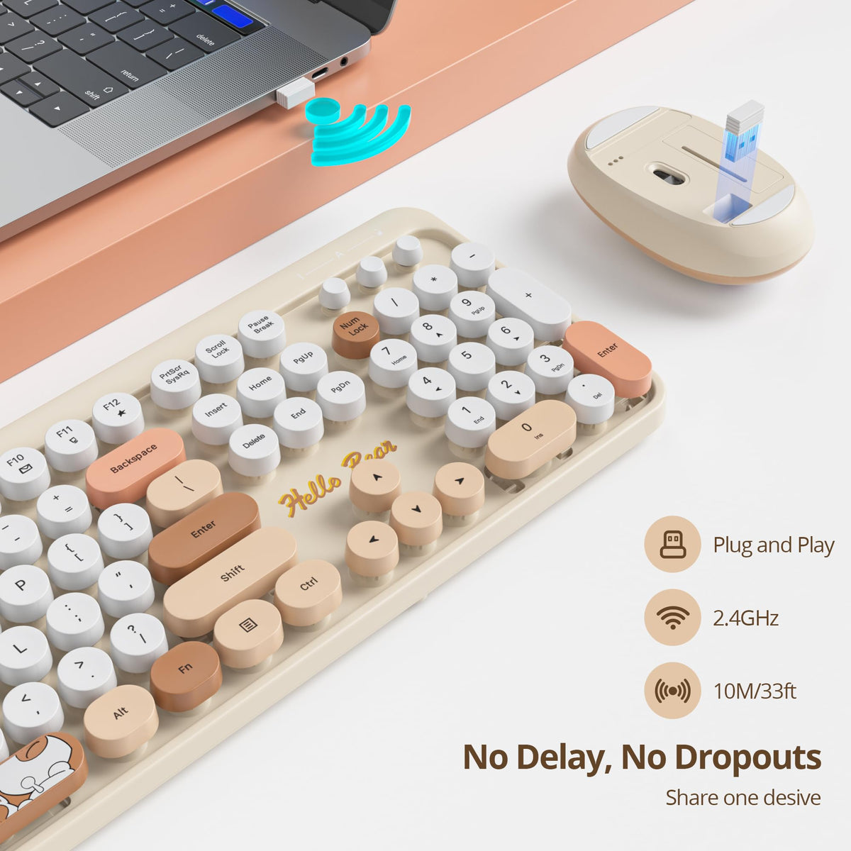 Gtsp Creamy Wireless Keyboard And Mouse, Typewriter Office Full Sized ...