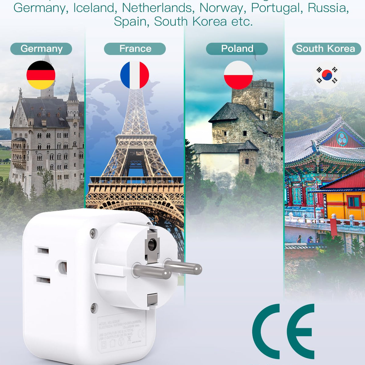 Germany France Travel Plug Adapter, 3 Outlets And 3 Usb Charging Ports ...