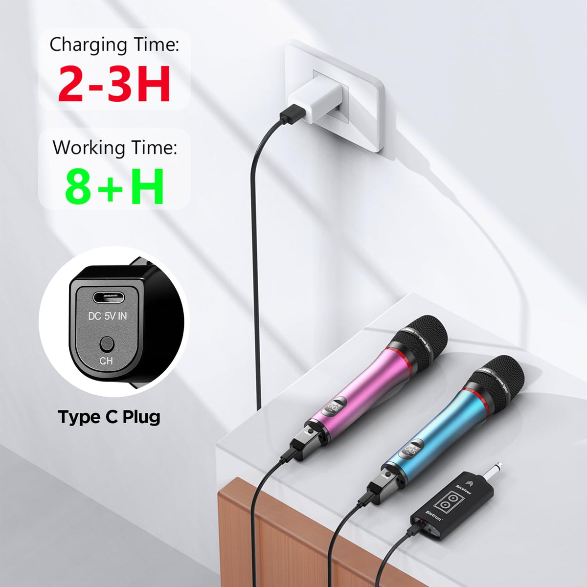 Bietrun Rechargeable Wireless Microphone, Dual Metal Cordless Handheld ...