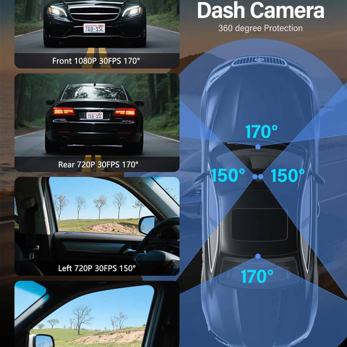 DLJZGC 4 Channel Dash Cam Front and Rear Inside Left Right, 360 Degree ...