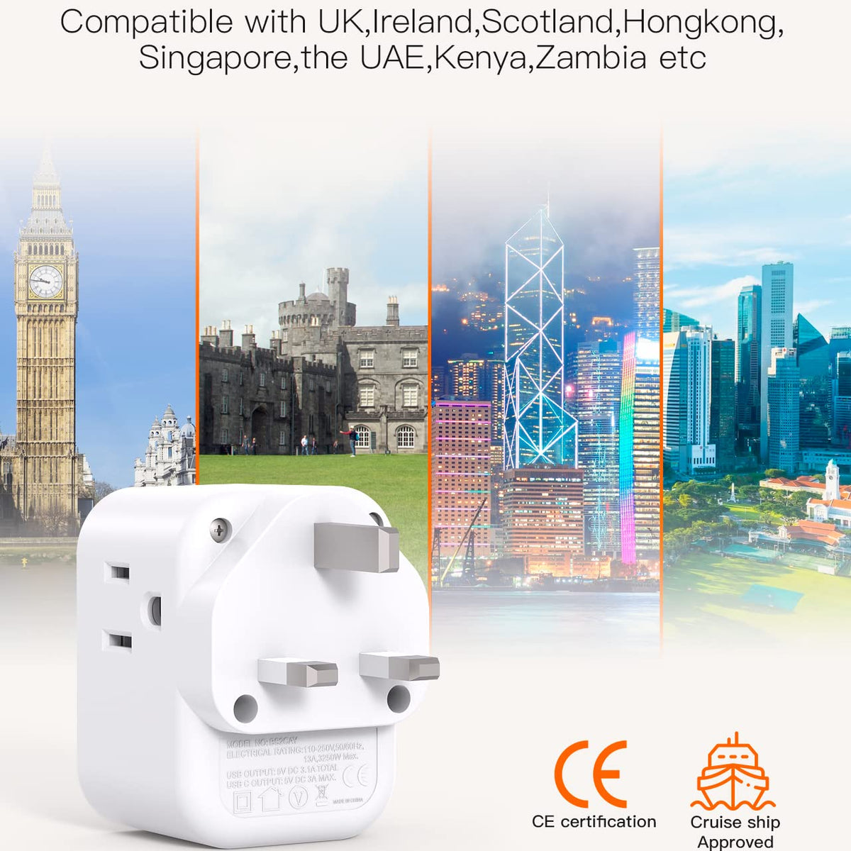 [2 Pack] Us To Uk Travel Plug Adapter, Type G Power Adapter With 3 Ac ...