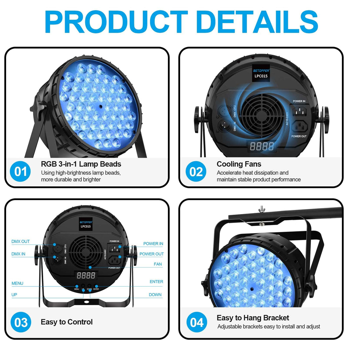 BETOPPER DJ Light 2 Pack, 54x3W LED Par Lights, DMX Stage Lights Sound ...