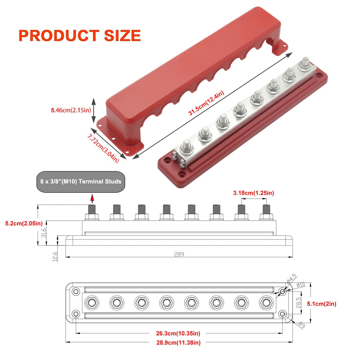 Gloaso 600A Heavy Duty Power Distribution Block 8x 3/8" M10 Posts Tin ...