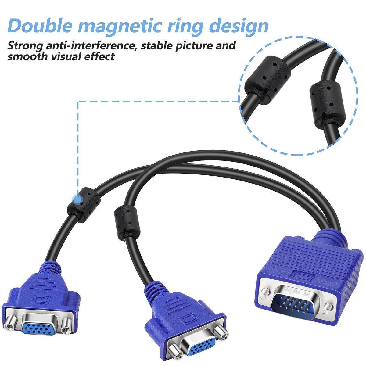 SAISN Dual VGA Splitter Cable - 1 Male to 2 Female Adapter, Copper, Bl ...