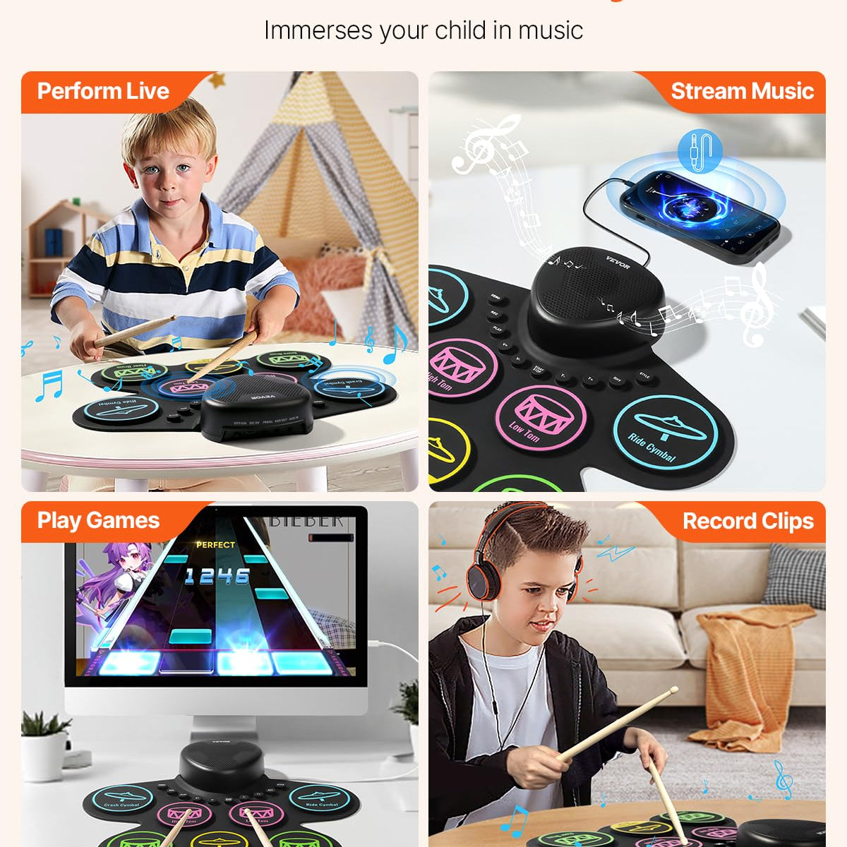 VEVOR Electronic Drum Set, 7 Pads, Roll-Up Practice Drum Pad with ...