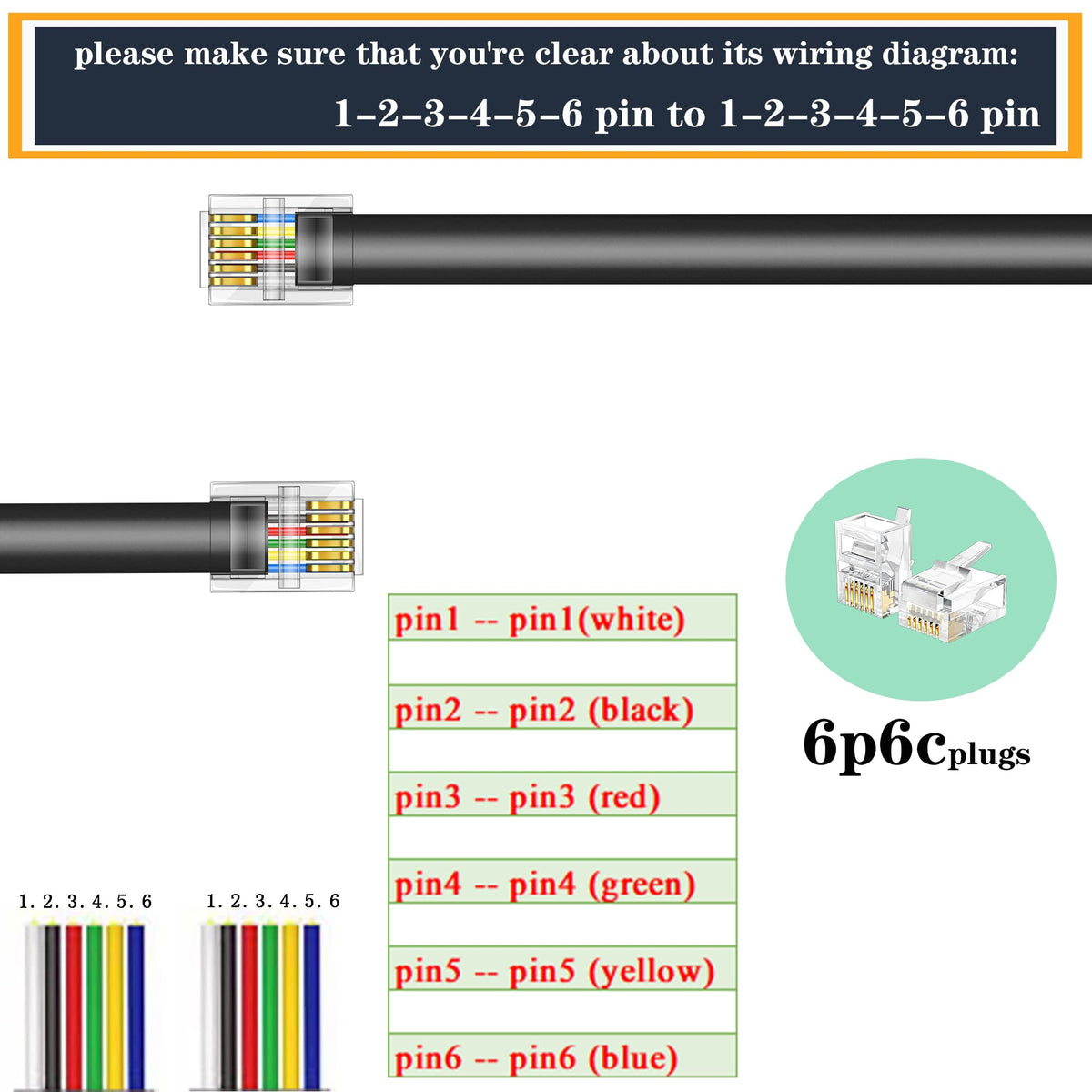 Lansensu Rj12 Cable Phone Cord Rj12 6P6C Male To Male Straight Wired F ...