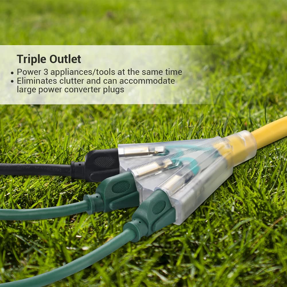Dewenwils 15 Ft 12/3 Gauge Extension Cord Outdoor Tri Tap Extension Co ...