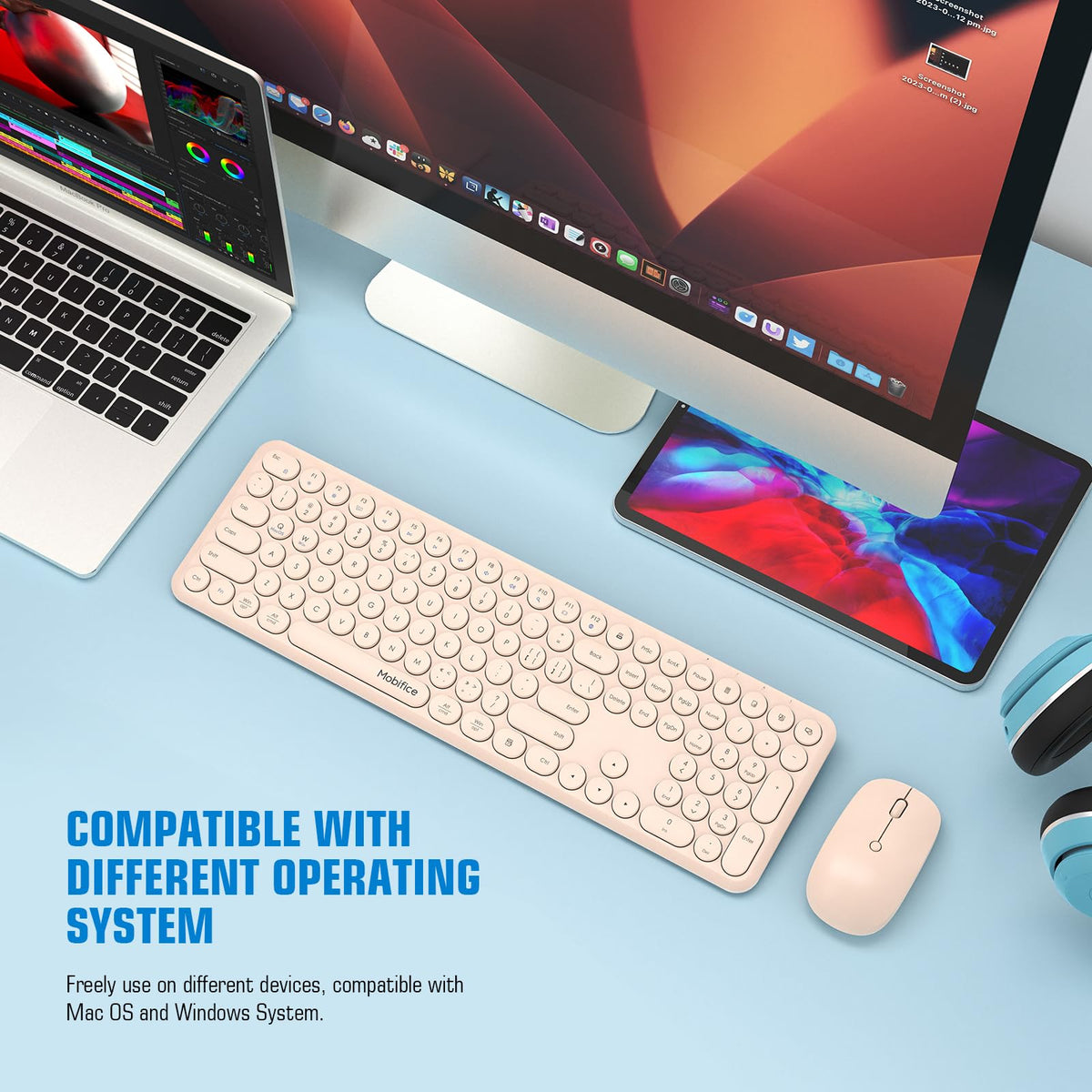 Mobifice Cute Wireless Keyboard Mouse Combo,Pink 2.4G Cordless Full Si ...