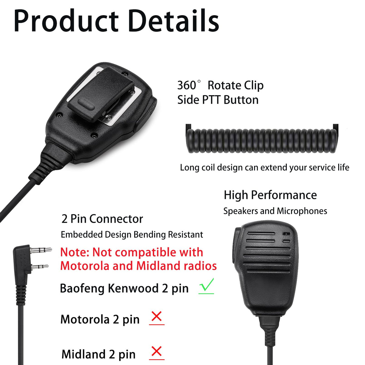 Samcom Speaker Mic For Two Way Radio,2 Pin Walkie Talkies Shoulder Mic ...