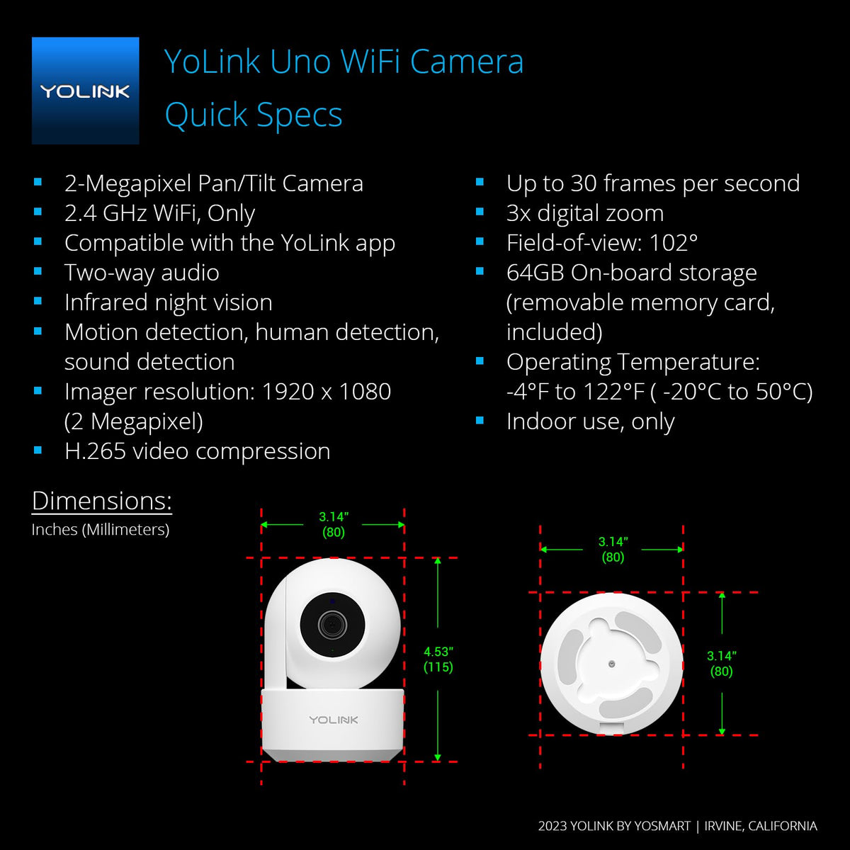 Yolink Uno Wireless Home Security Camera Indoor, 2.4Ghz Wifi Camera Fo ...