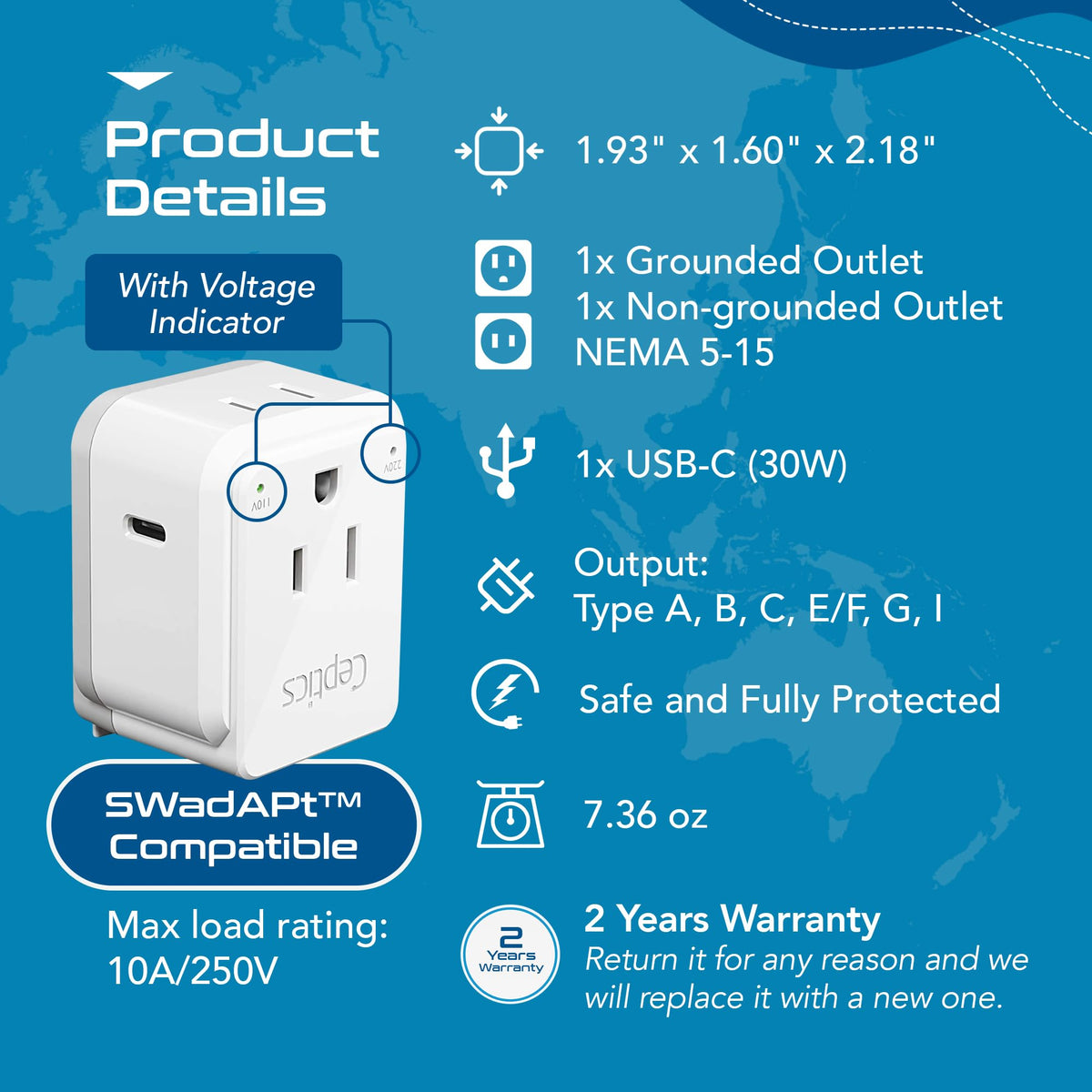 Ceptics World Travel Plug Adapter Set, Safe Usb C 3.0 2 Usa Socket,30W ...
