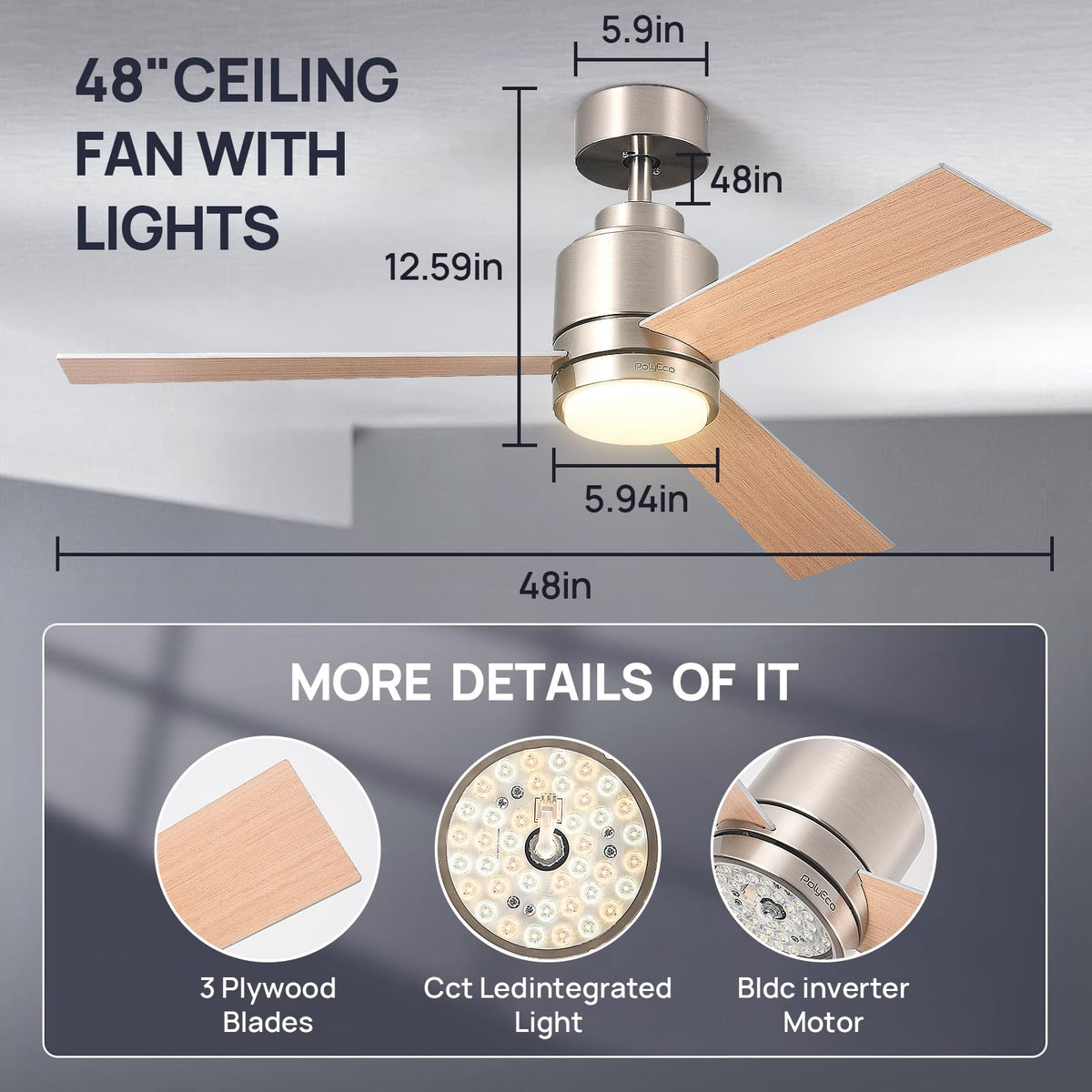 Polyeco Ceiling Fans With Lights And Remote, 48 Inch Ceiling Fan With ...