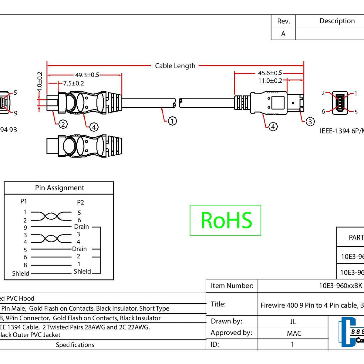 Cablewholesale Firewire 400 6 Pin To 9 Pin Cable, Male To Male Ilink D ...