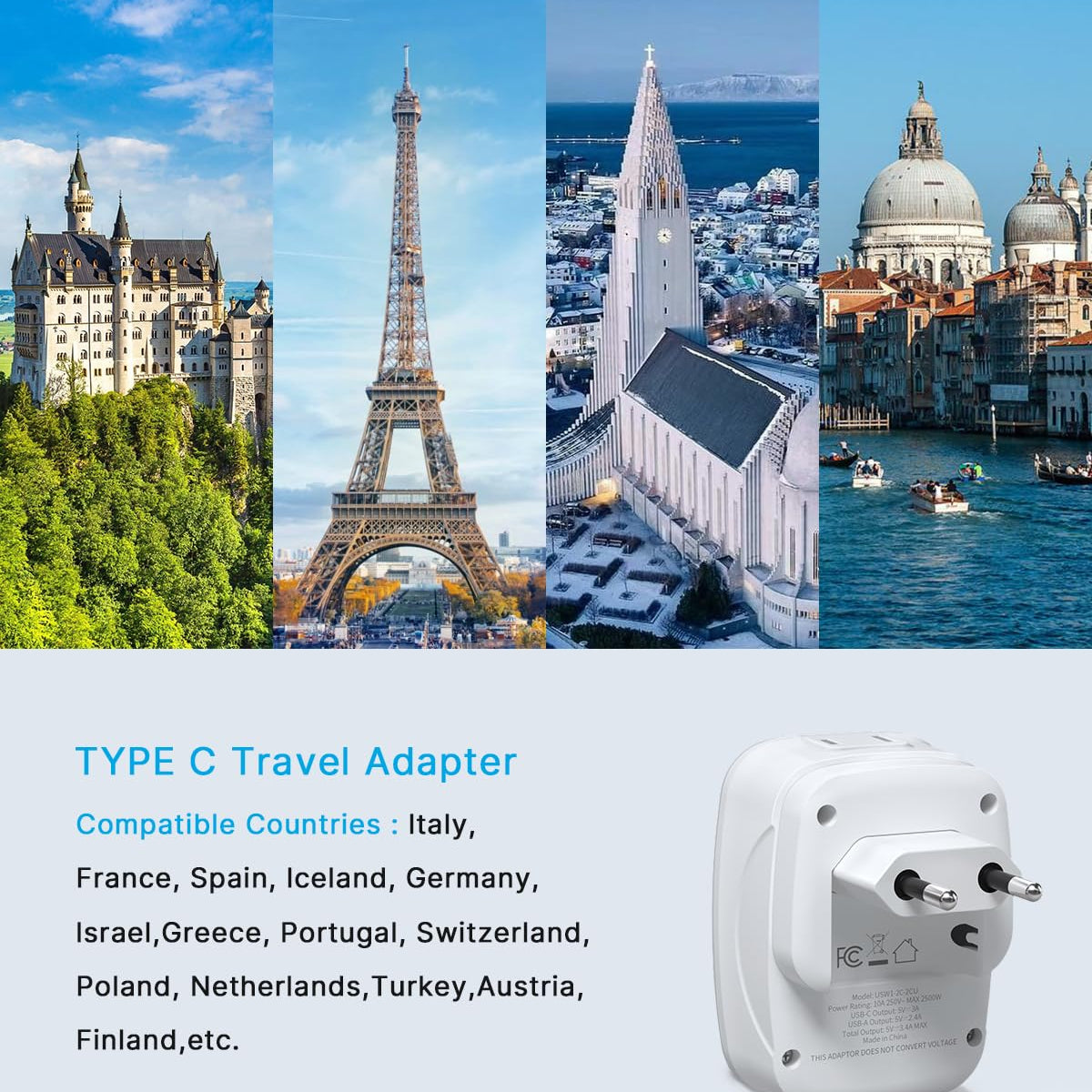 2 Pack European Travel Plug Adapter, Vintar Foldable International ...