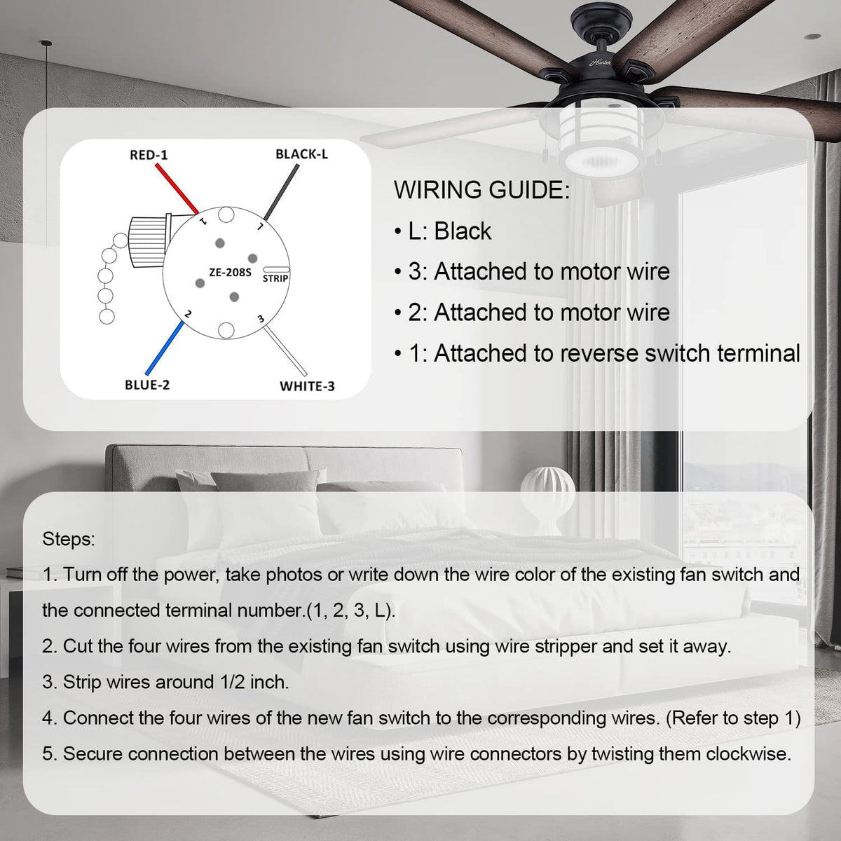With 4 Pre Installed Wires Ceiling Fan Switch, 3 Speed Fan Switch ...