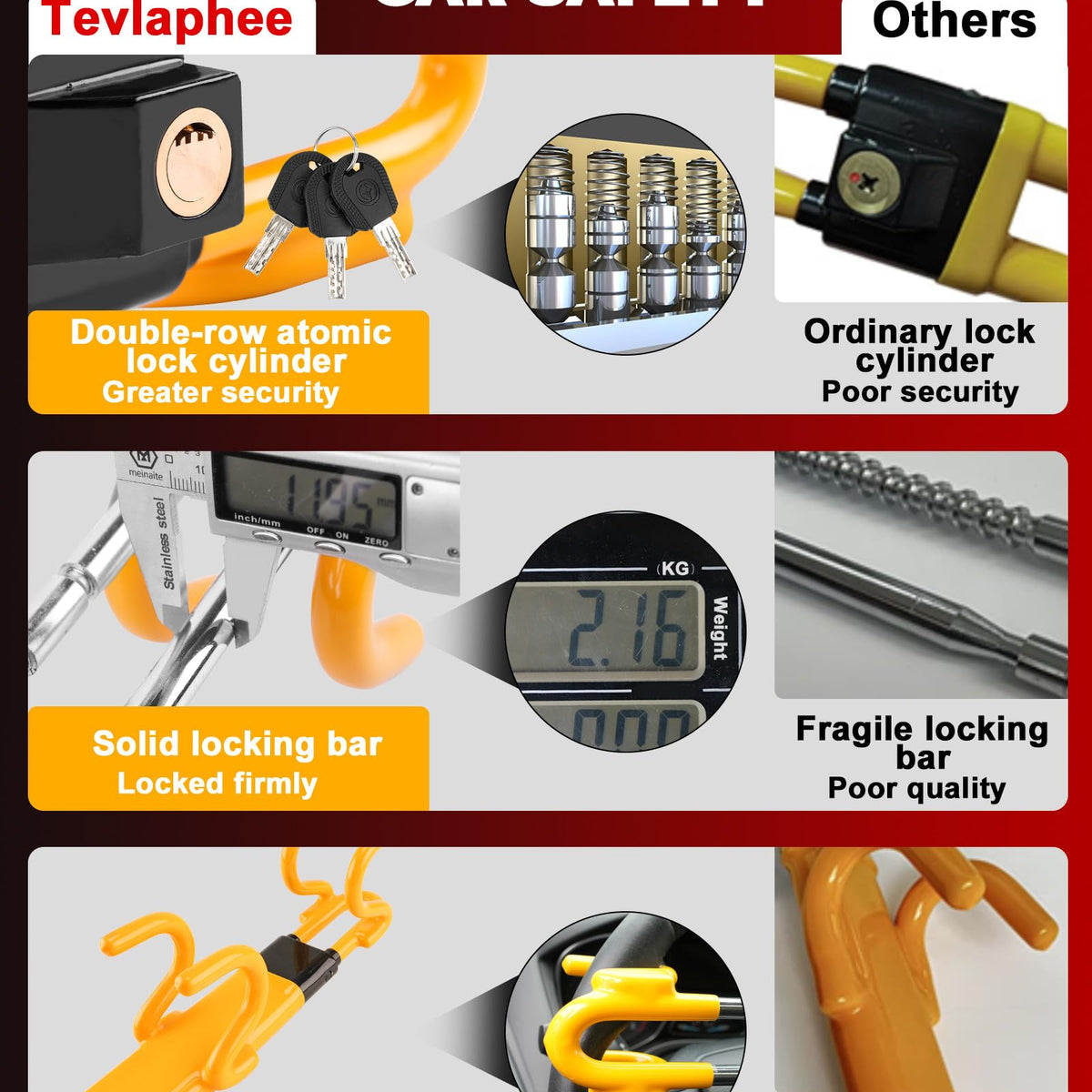 Tevlaphee Steering Wheel Lock - Heavy Duty Antitheft Device and Car ...