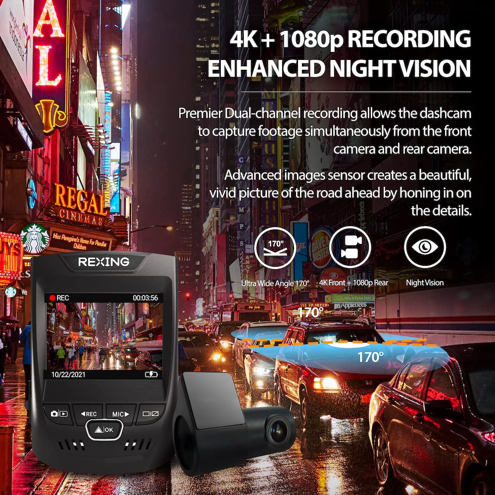 Rexing V1Pgw 4K 2.4'' Lcd 2160P Front + 1080P Rear W/Built In Gps, Wi ...