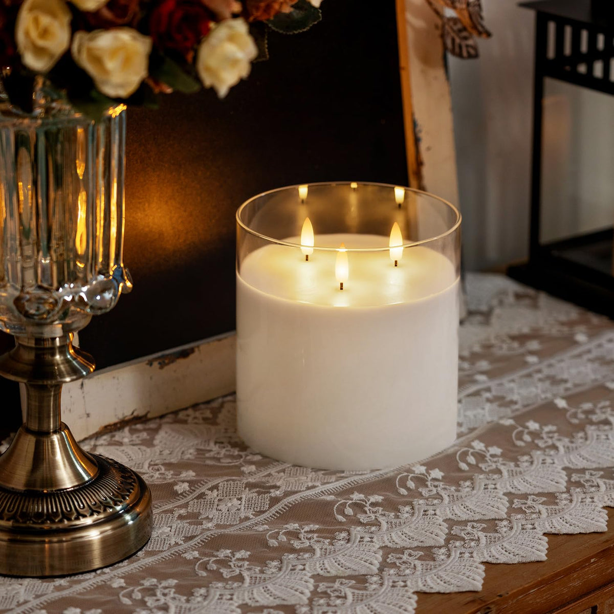 Homemory 6X6'' Extra Large Flameless Candle With 3 Wicks, Glass Led Pi ...