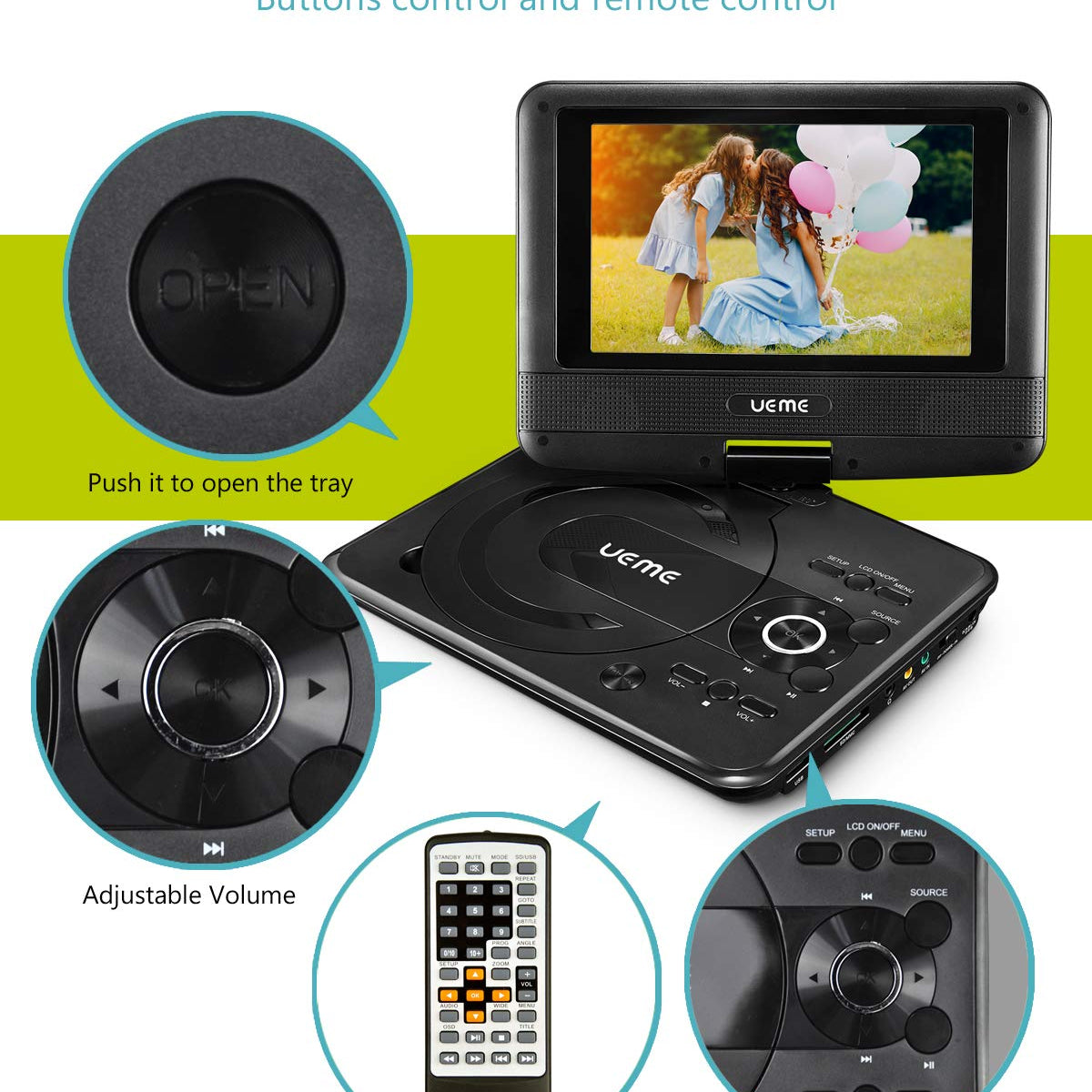 Ueme Mini Dvd Player For Kids With 7 Inches Swivel Screen And Internal ...