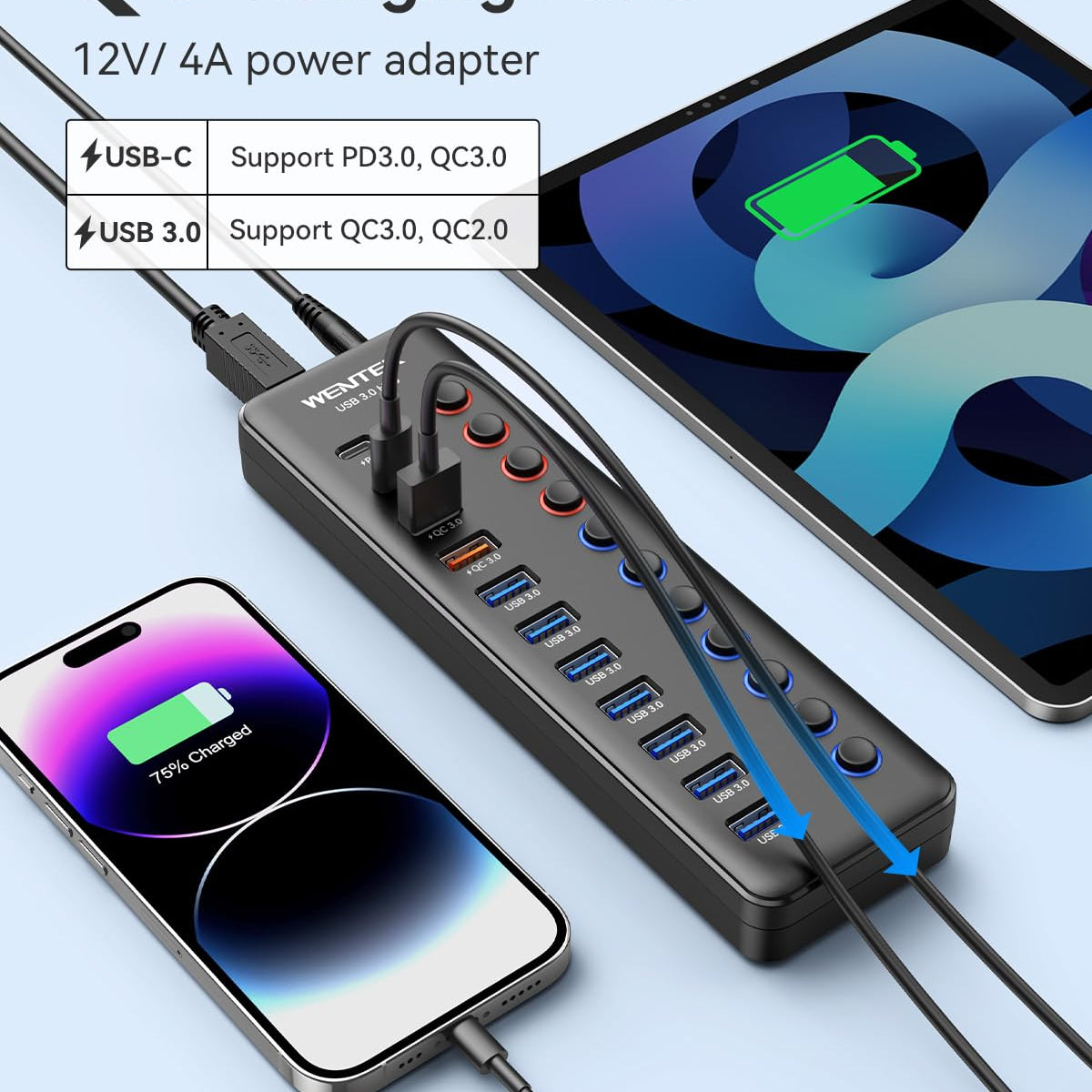 Powered Usb 3.0 Hub, Wenter 48W 11 Port Usb Hub Splitter (7 Faster Dat ...