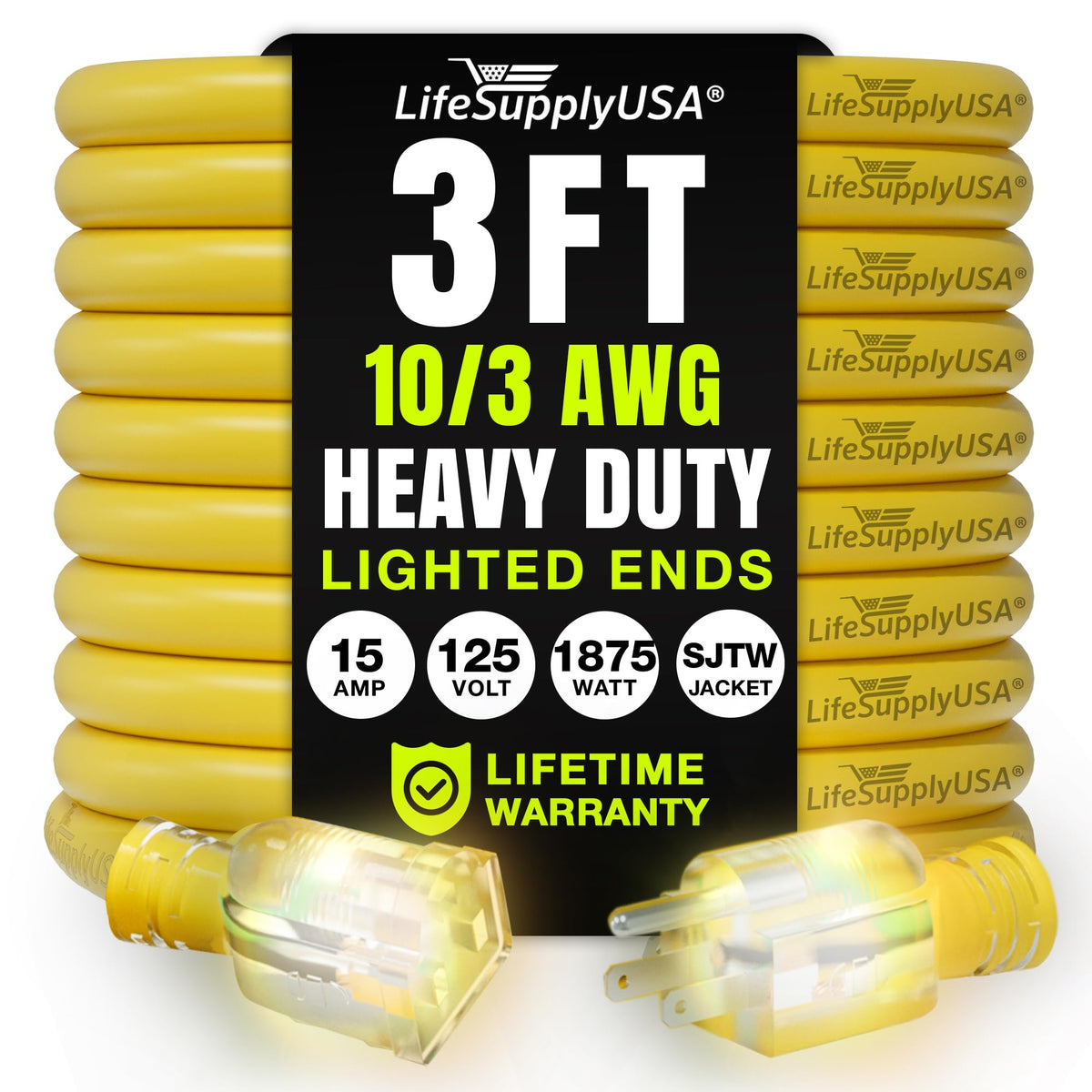 3ft Outdoor/Indoor Extension Cord 10/3 Gauge Ultra Heavy Duty 3 Prong ...